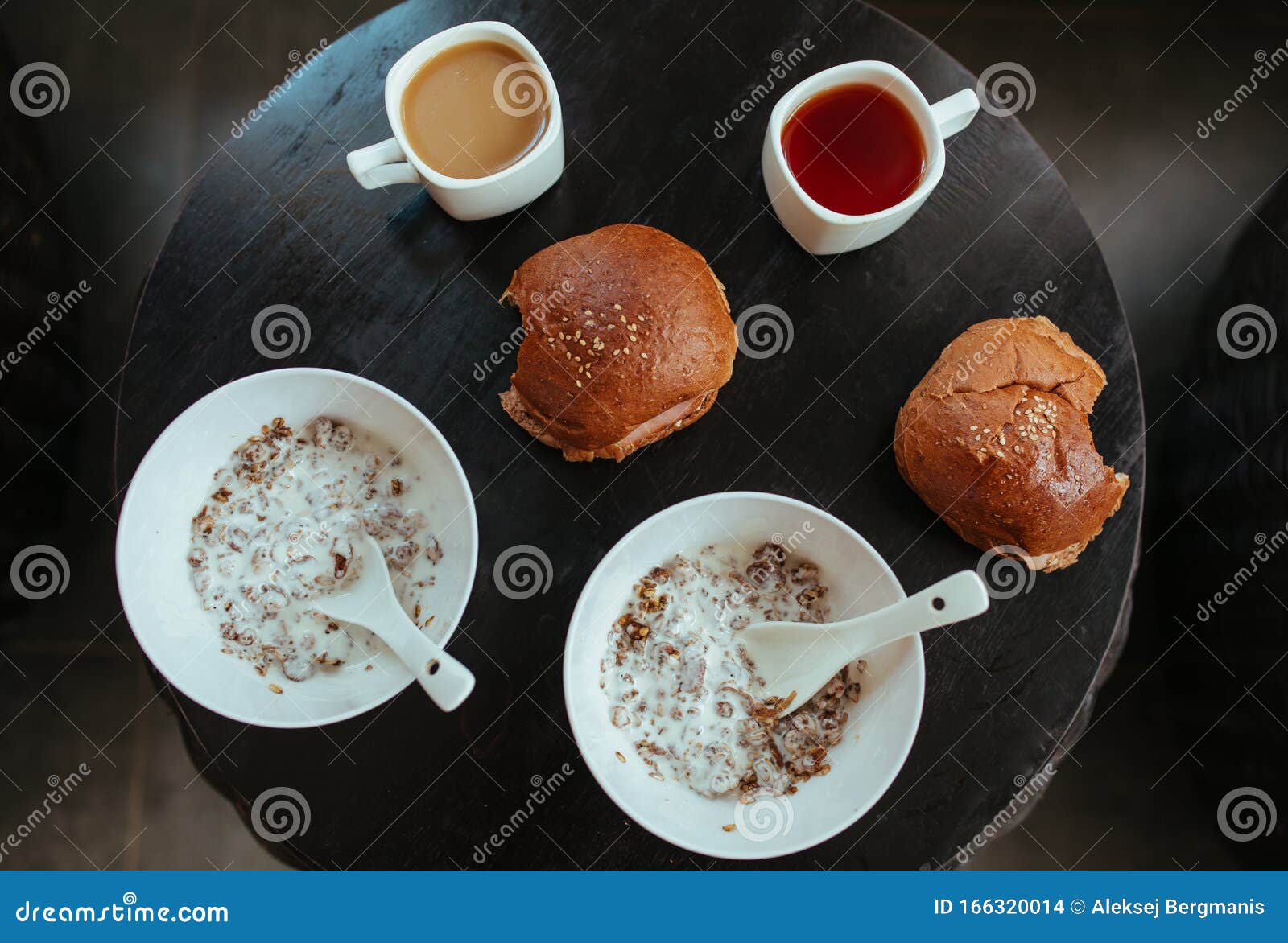 Breakfast, Hamburger, Tea and Coffe on Black Table Stock Photo - Image ...