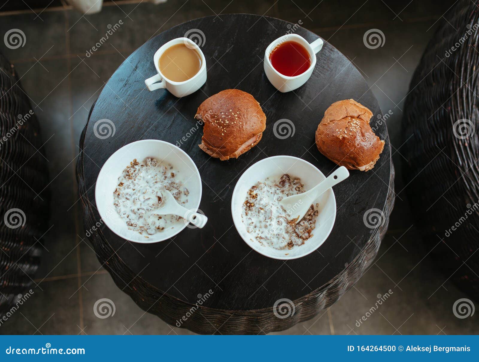 Breakfast, Hamburger, Tea and Coffe on Black Table Stock Photo - Image ...