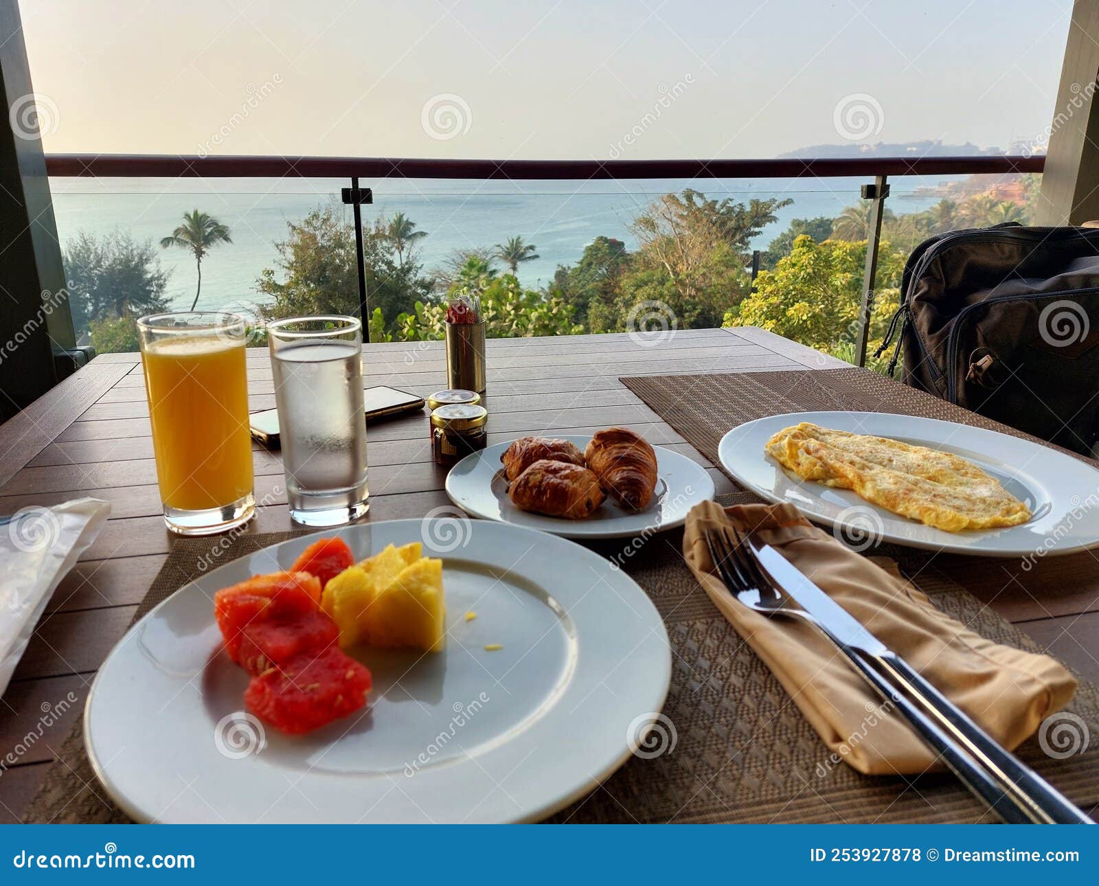 Breakfast at the hotel stock photo. Image of tree, hotel - 253927878