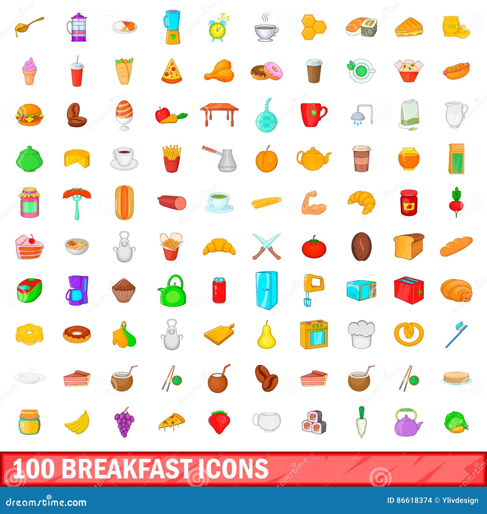 100 Breakfast Icons Set, Cartoon Style Stock Vector - Illustration of ...