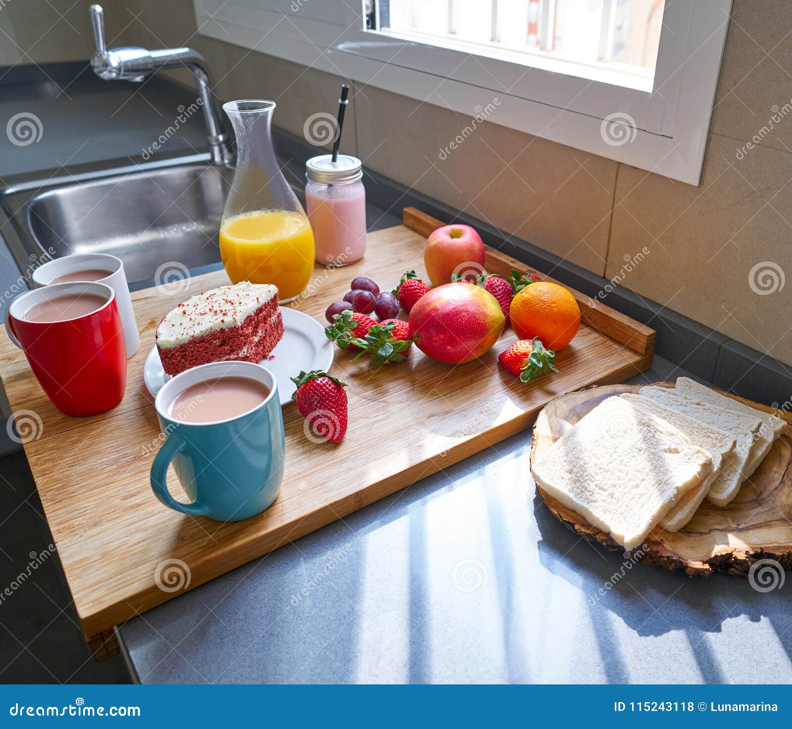 Breakfast in Kitchen with Coffee Bread Fruit Juice Stock Photo - Image ...
