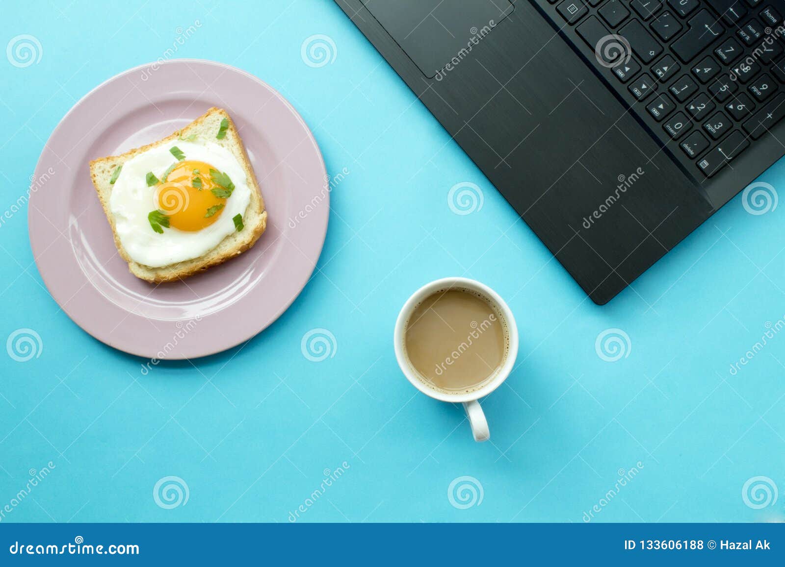 Breakfast and Laptop on Blue Background. Stock Photo - Image of eggs ...
