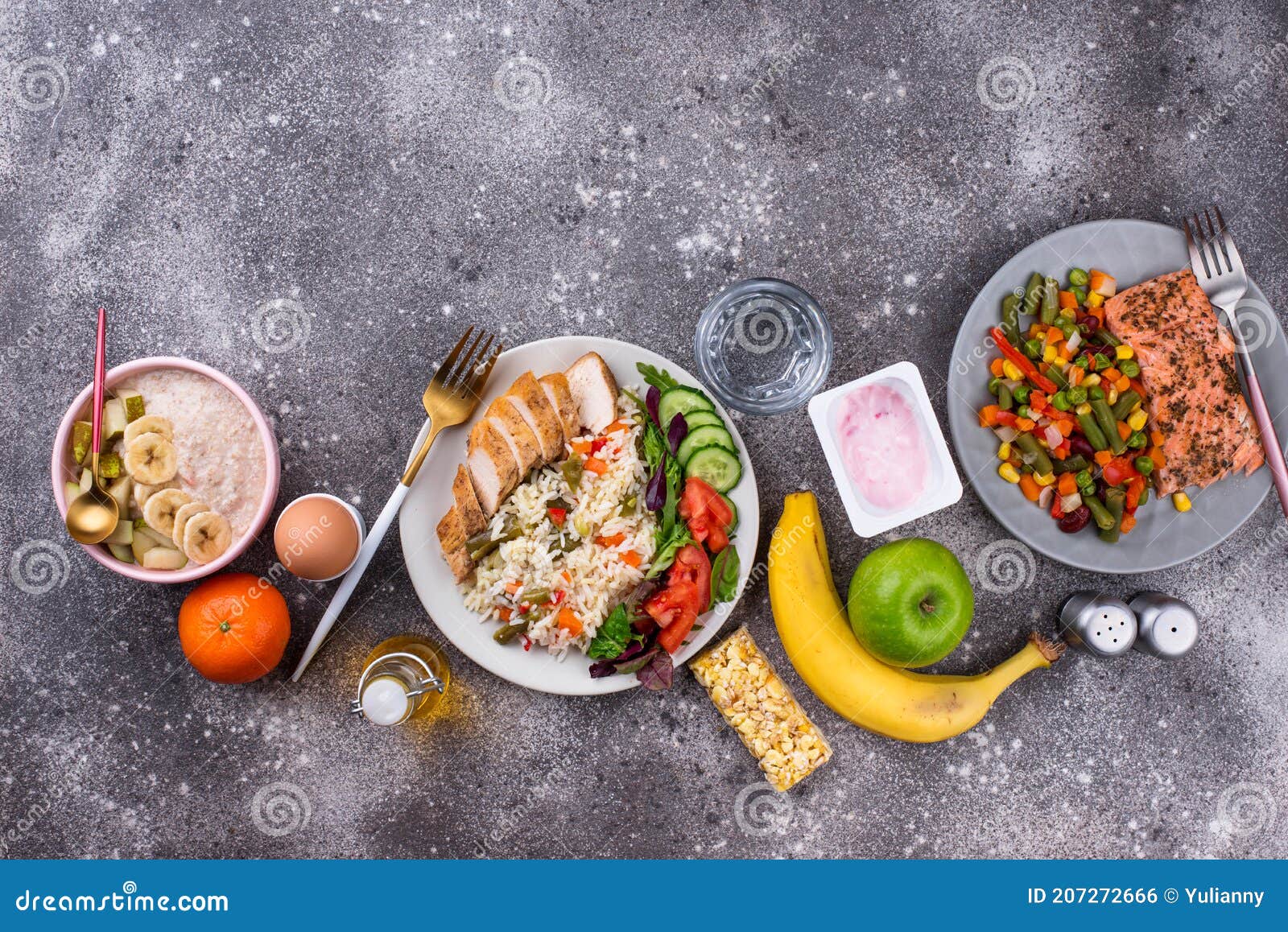 Breakfast, Lunch and Dinner. Balanced Menu Stock Photo - Image of ...