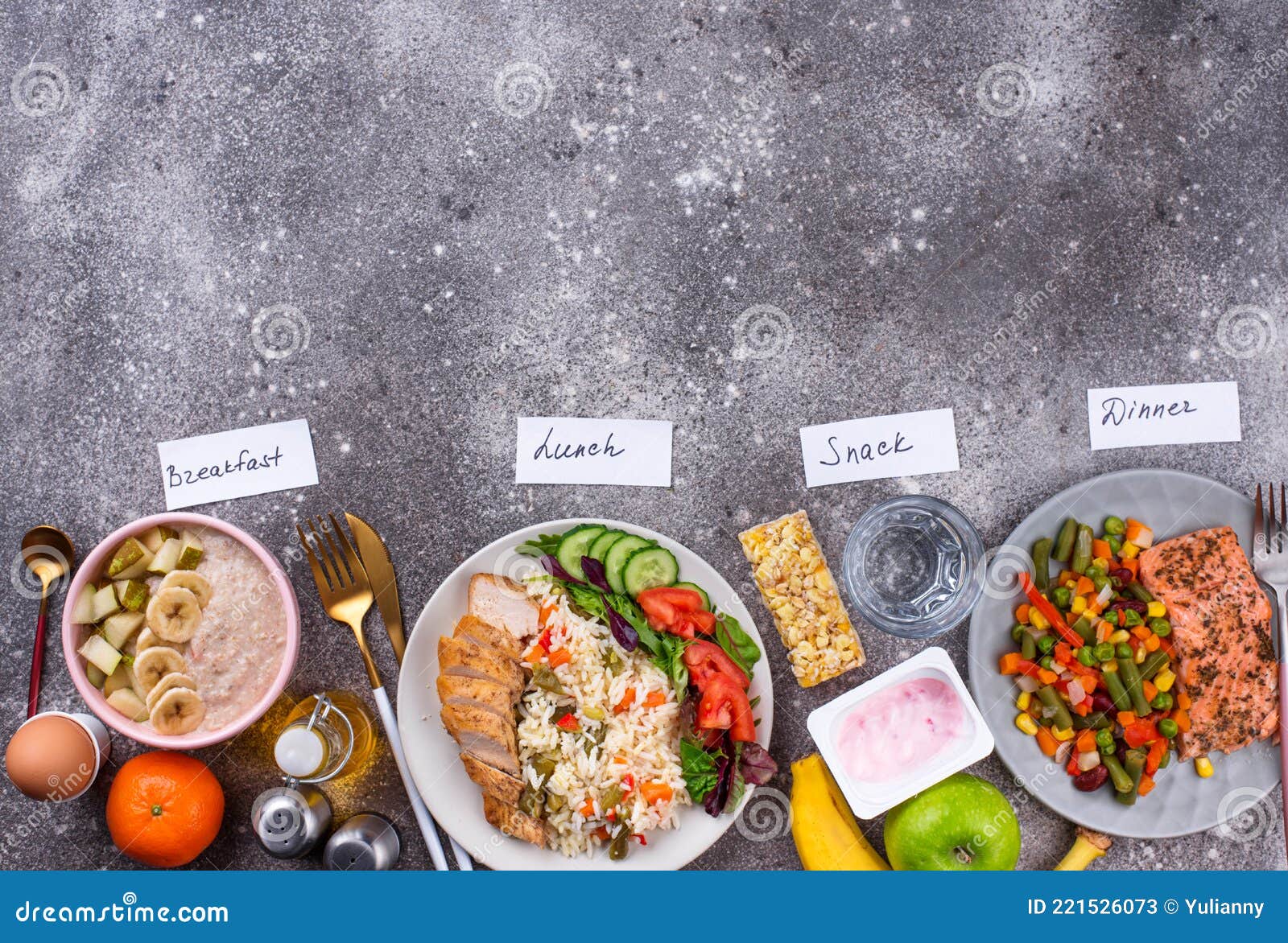 Breakfast, Lunch and Dinner. Balanced Menu Stock Image - Image of fish ...