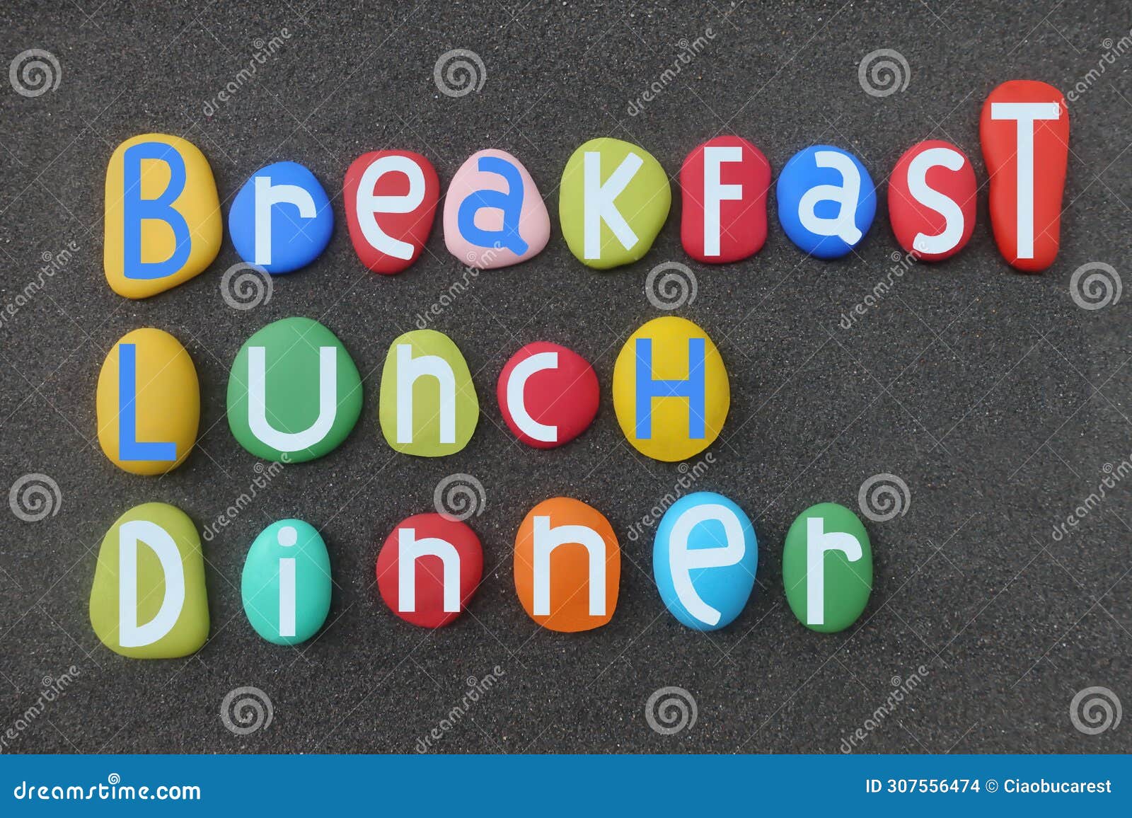 Breakfast, Lunch, Dinner, Creative Text Art Composed with Multi Colored ...
