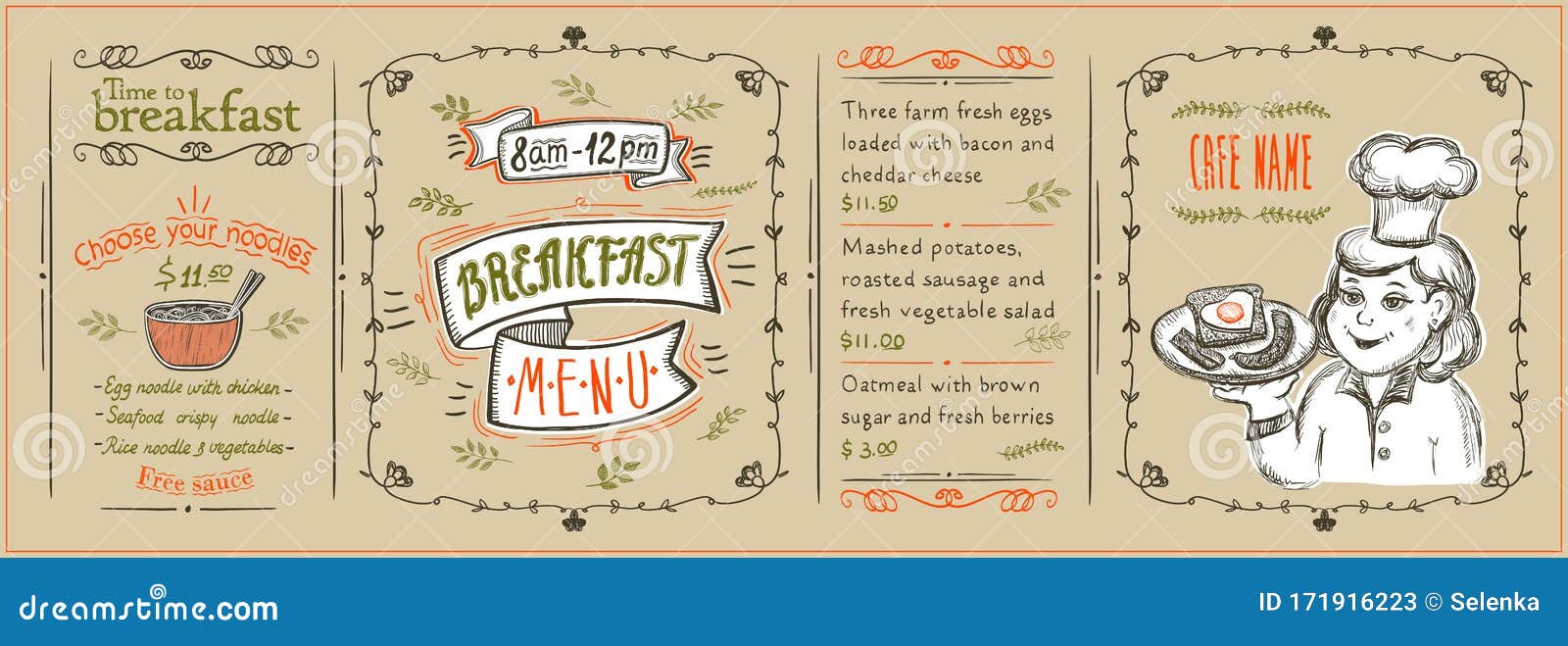 Breakfast Menu Board with Graphic Chef Cook Portrait Stock Vector ...