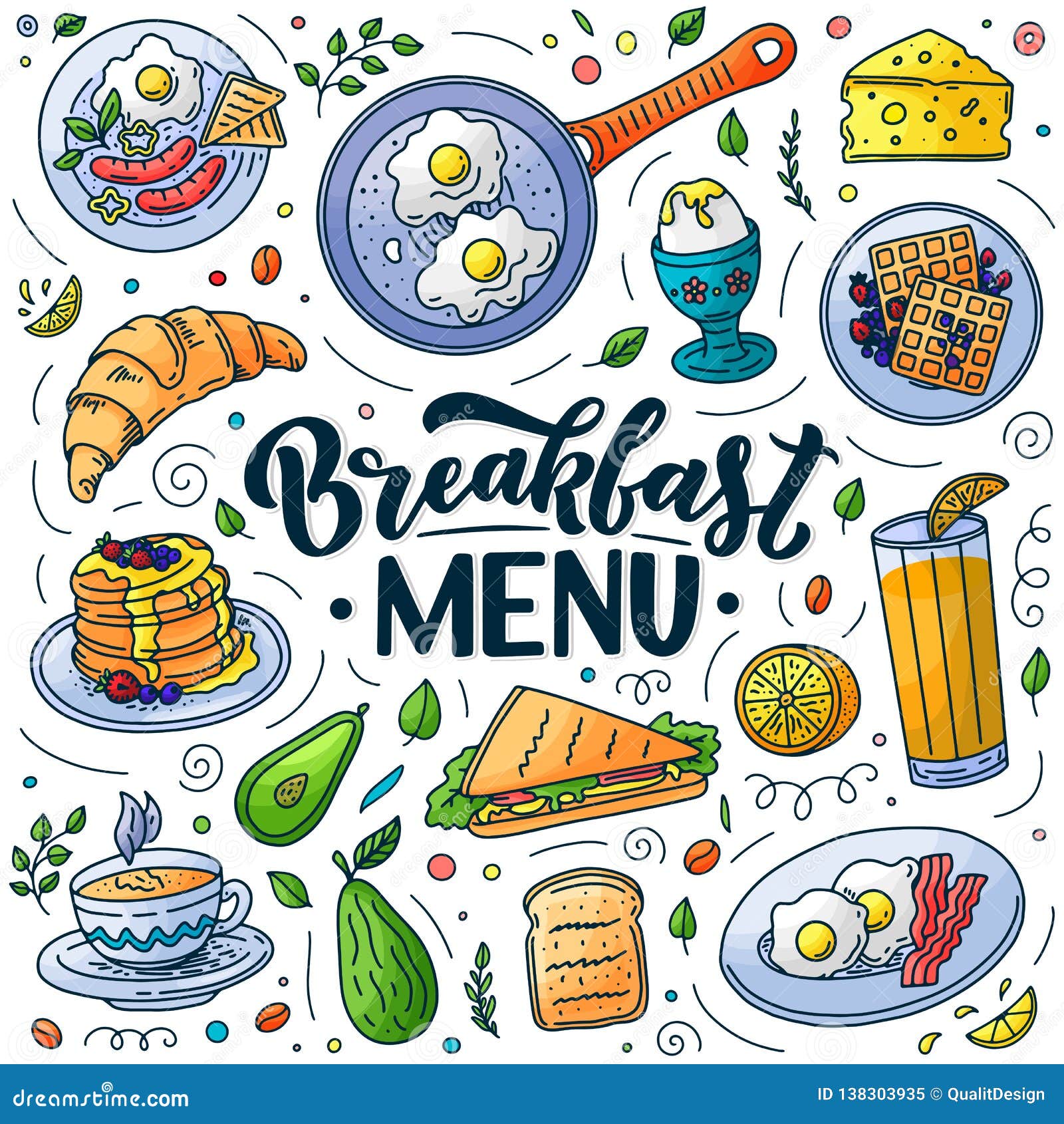 Breakfast Menu Design Elements. Vector Doodle Illustration. Calligraphy ...