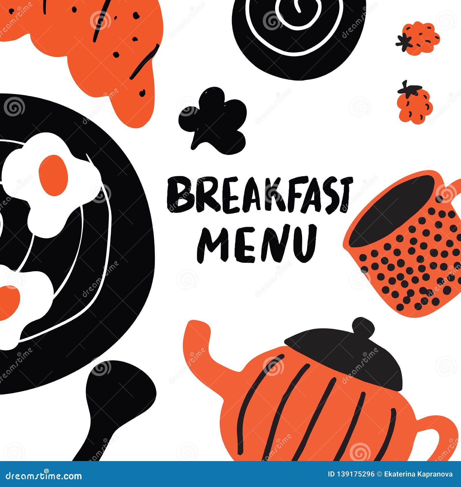 Breakfast Menu. Template with Funny Hand Drawn Elements in Scandinavian ...