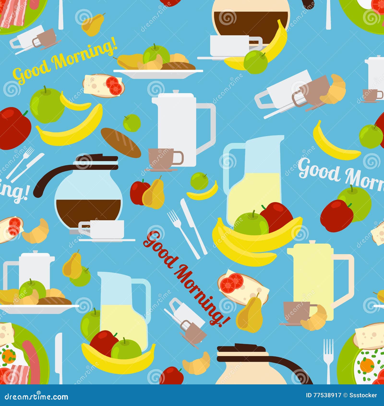 Breakfast Morning Elements Seamless Pattern Stock Vector - Illustration ...