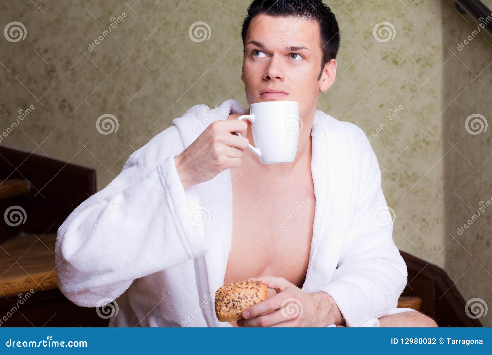 Breakfast morning man stock photo. Image of bathrobe - 12980032