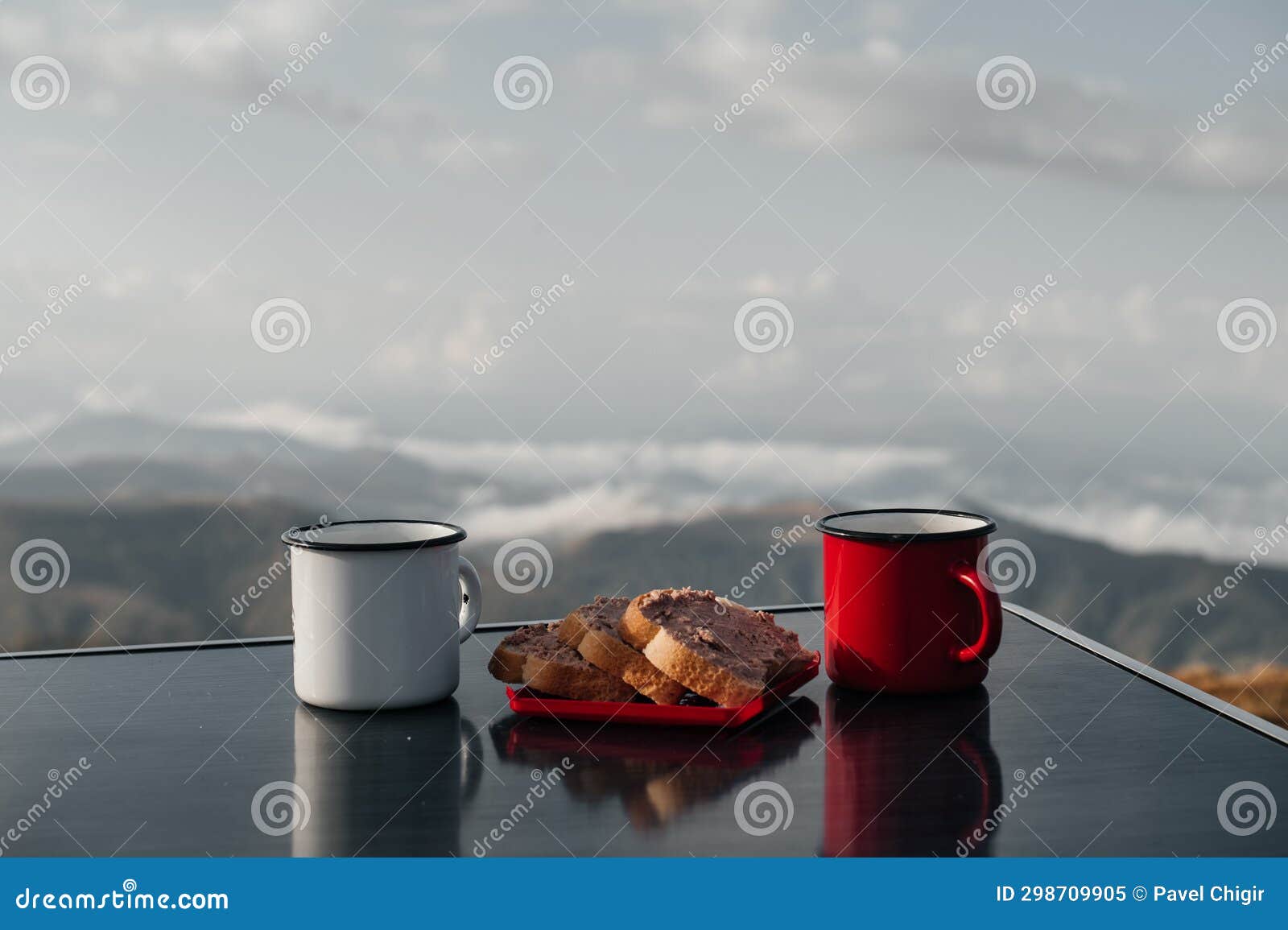 Breakfast in the Mountains Against the Background of Mountains and ...