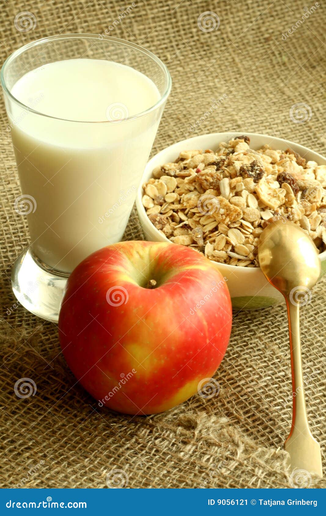 Breakfast, Muesli Apple and Glass of Milk Stock Image - Image of dairy ...