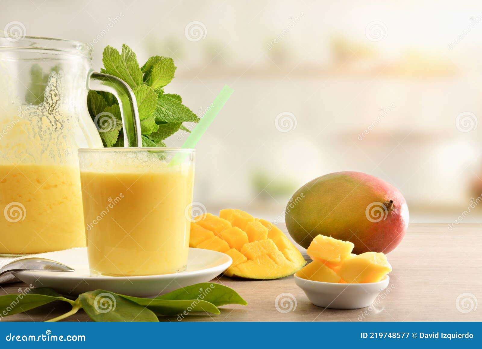 Breakfast with Natural Mango Juice with Milk in Kitchen Stock Image ...