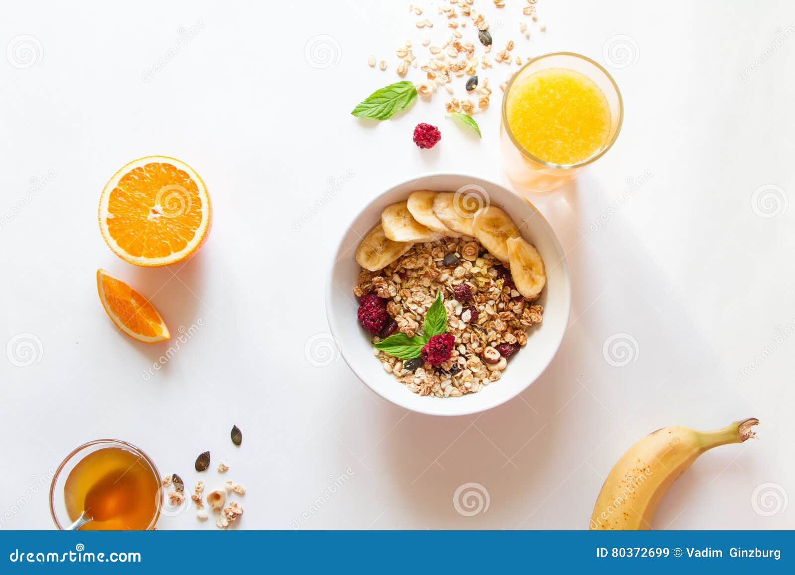 Breakfast with Oatmeal and Orange Juice on White Background Stock Image ...