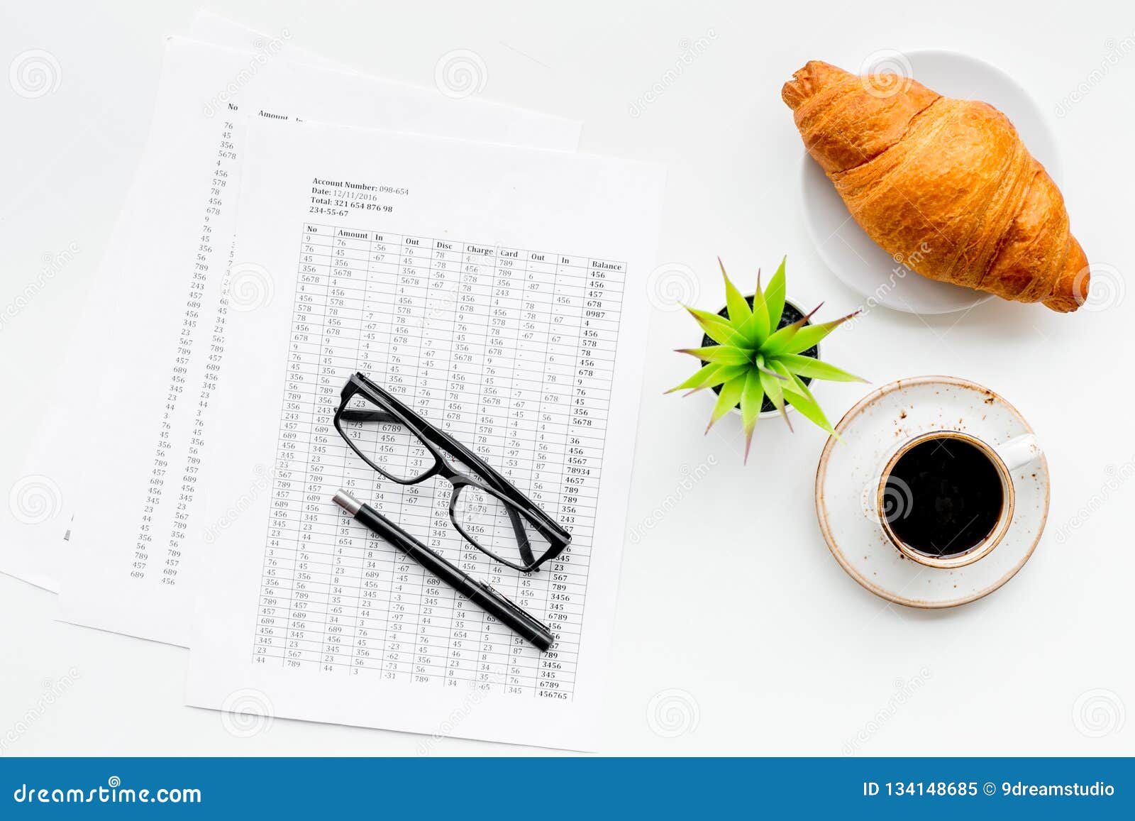 Breakfast in Office with Croissant and Coffee on the Work Desk with ...