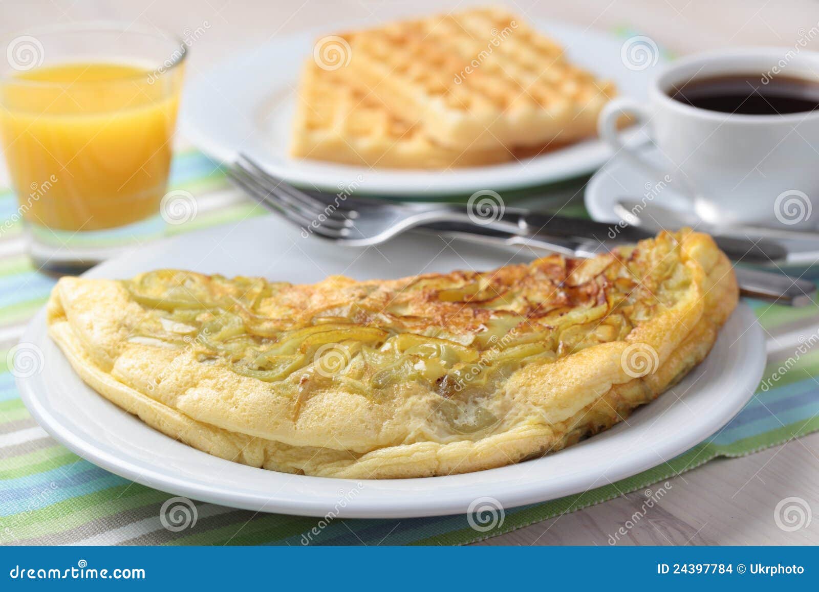 Breakfast with omelet stock photo. Image of plate, waffles - 24397784
