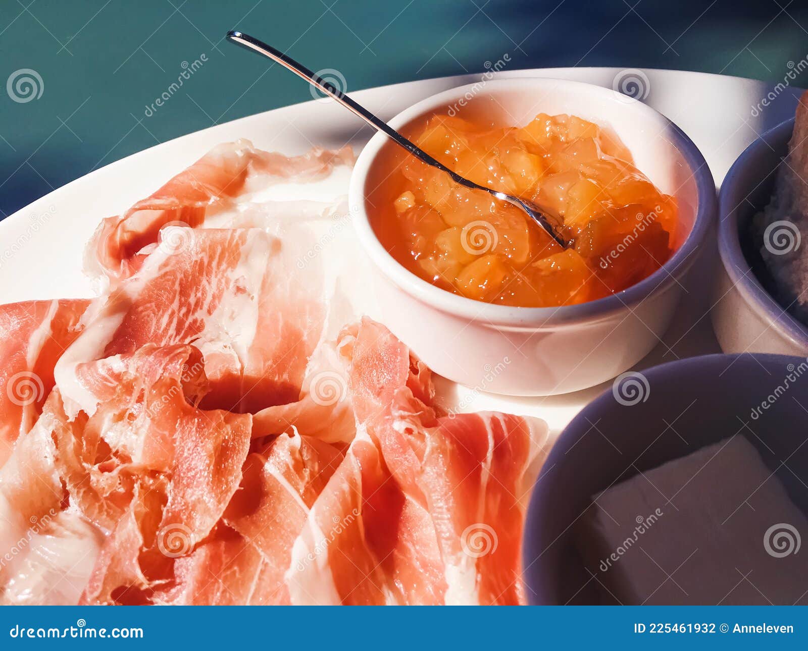 Breakfast Outdoors in Summer, Ham, Jam, Butter and Ham Stock Photo ...