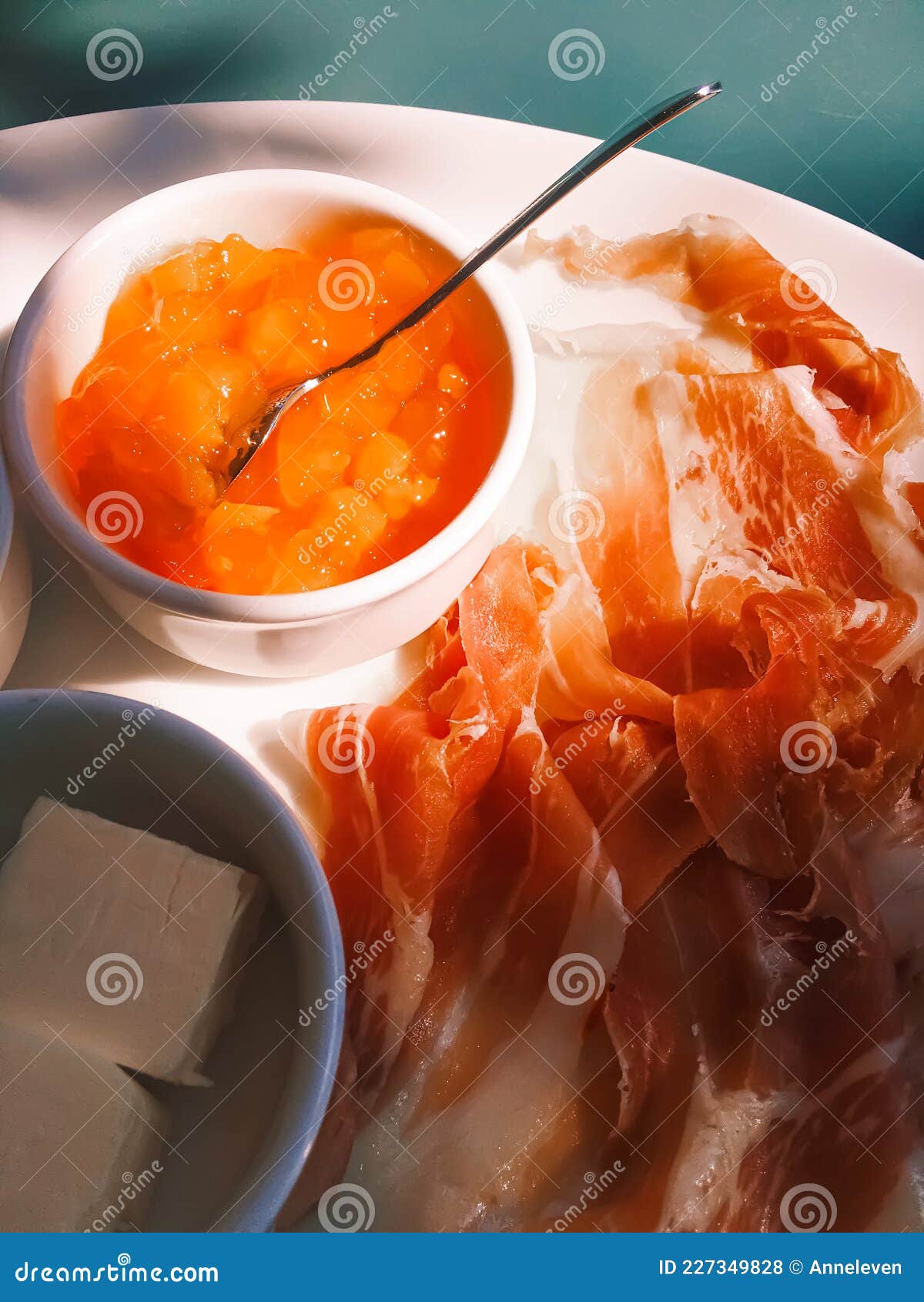 Breakfast Outdoors in Summer, Ham, Jam, Butter and Ham Stock Photo ...