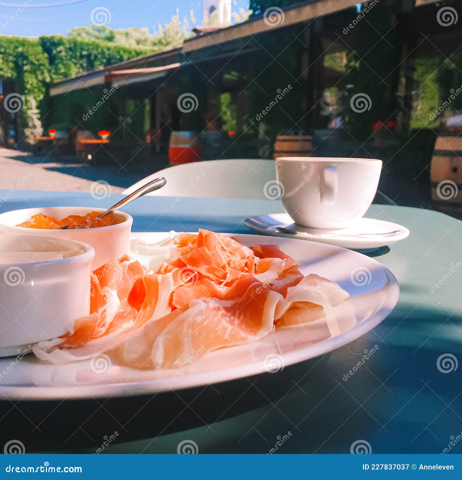 Breakfast Outdoors in Summer, Ham, Jam, Butter and Ham Stock Image ...