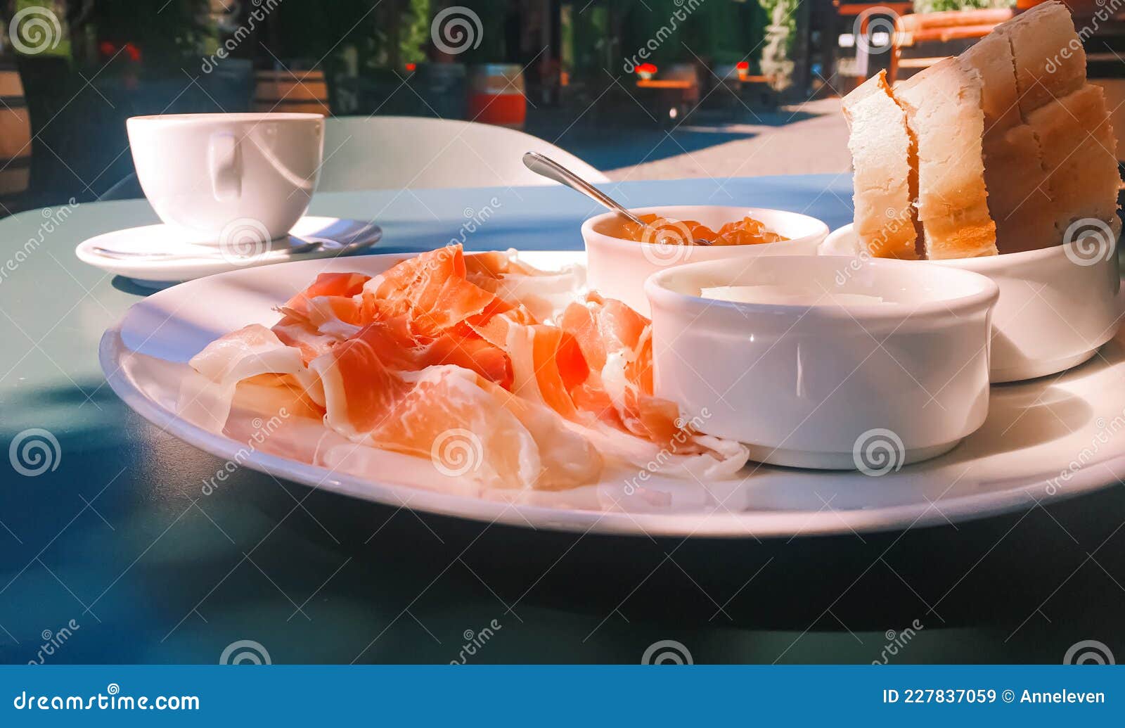 Breakfast Outdoors in Summer, Ham, Jam, Butter and Ham Stock Image ...