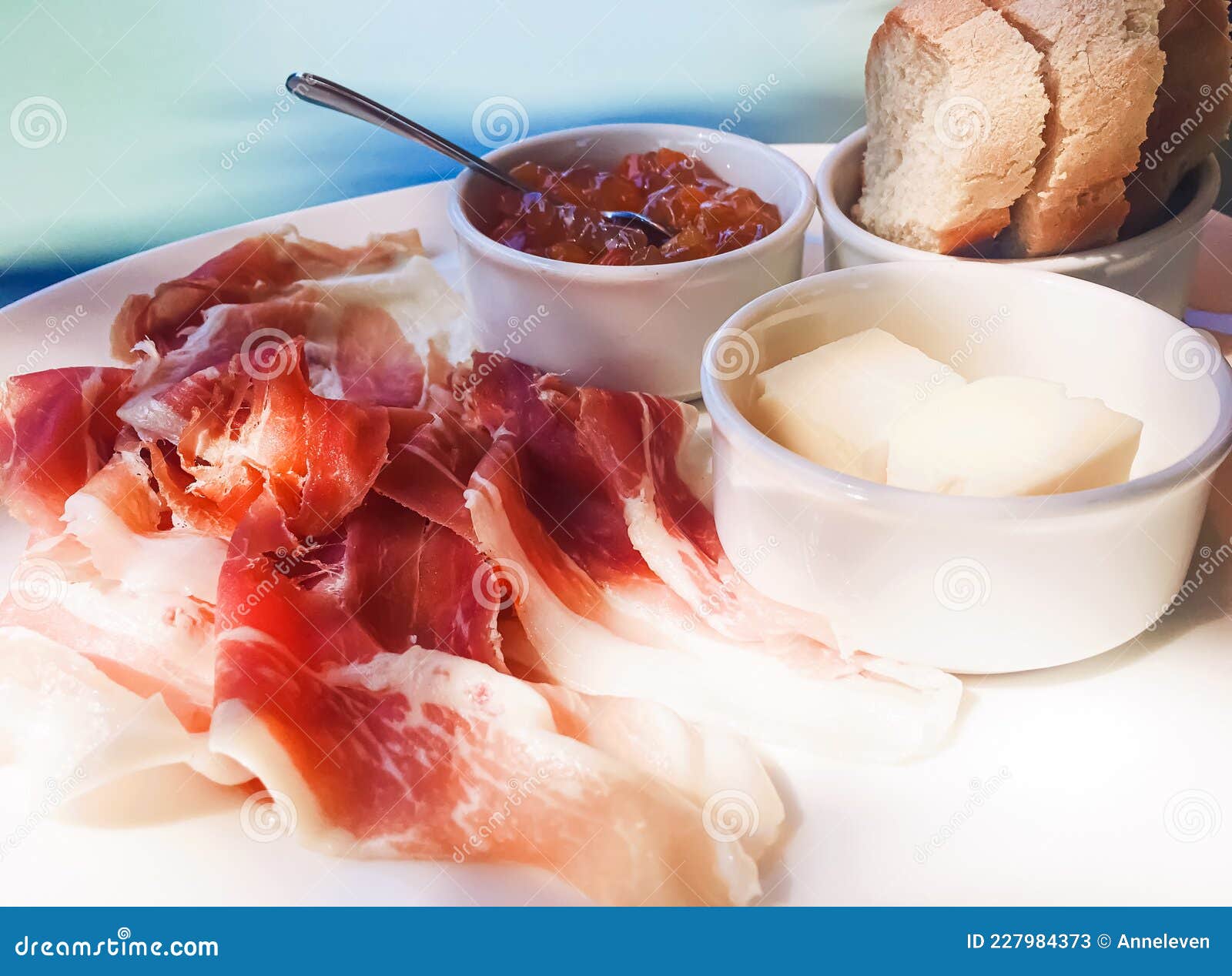 Breakfast Outdoors in Summer, Ham, Jam, Butter and Ham Stock Image ...
