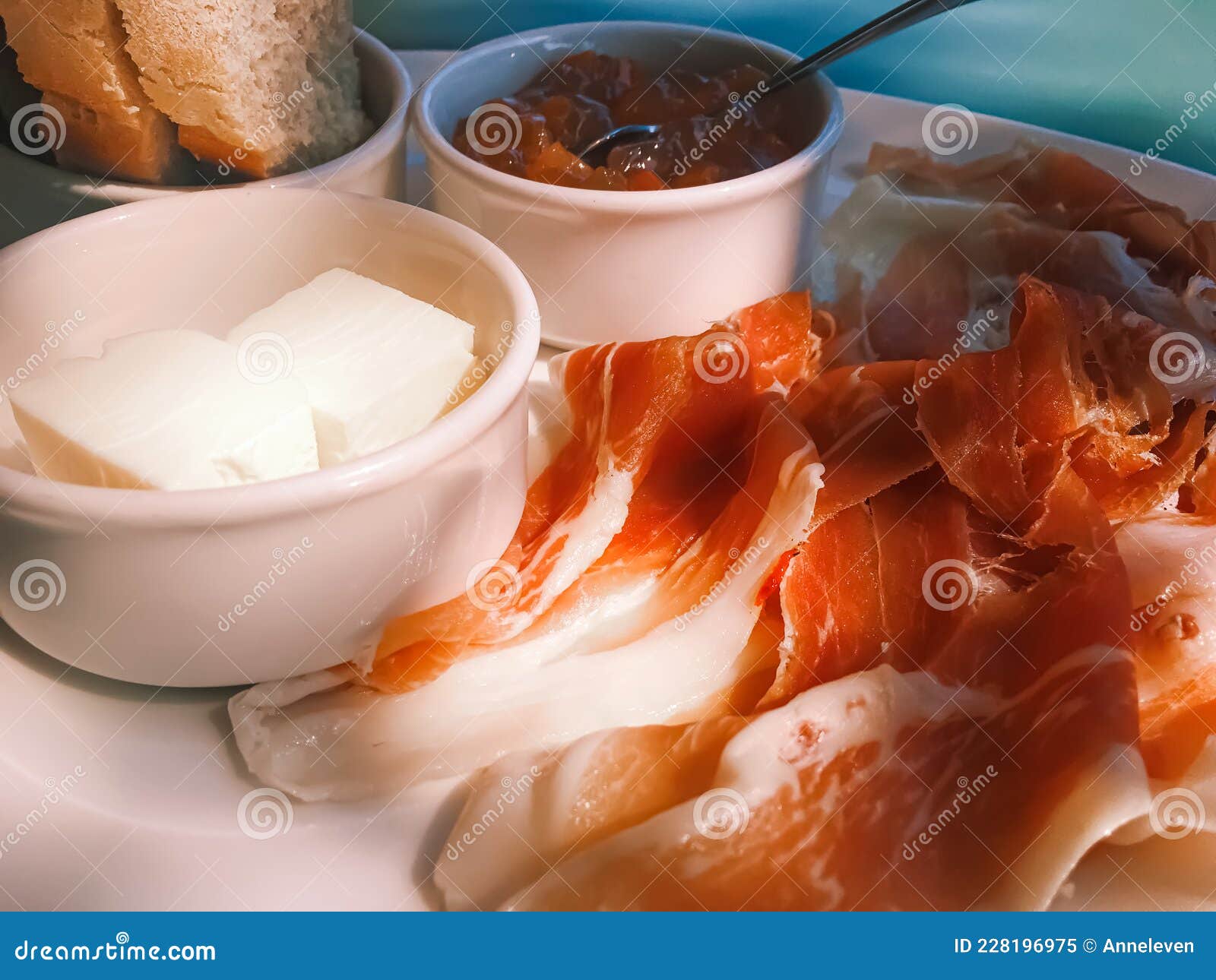 Breakfast Outdoors in Summer, Ham, Jam, Butter and Ham Stock Image ...