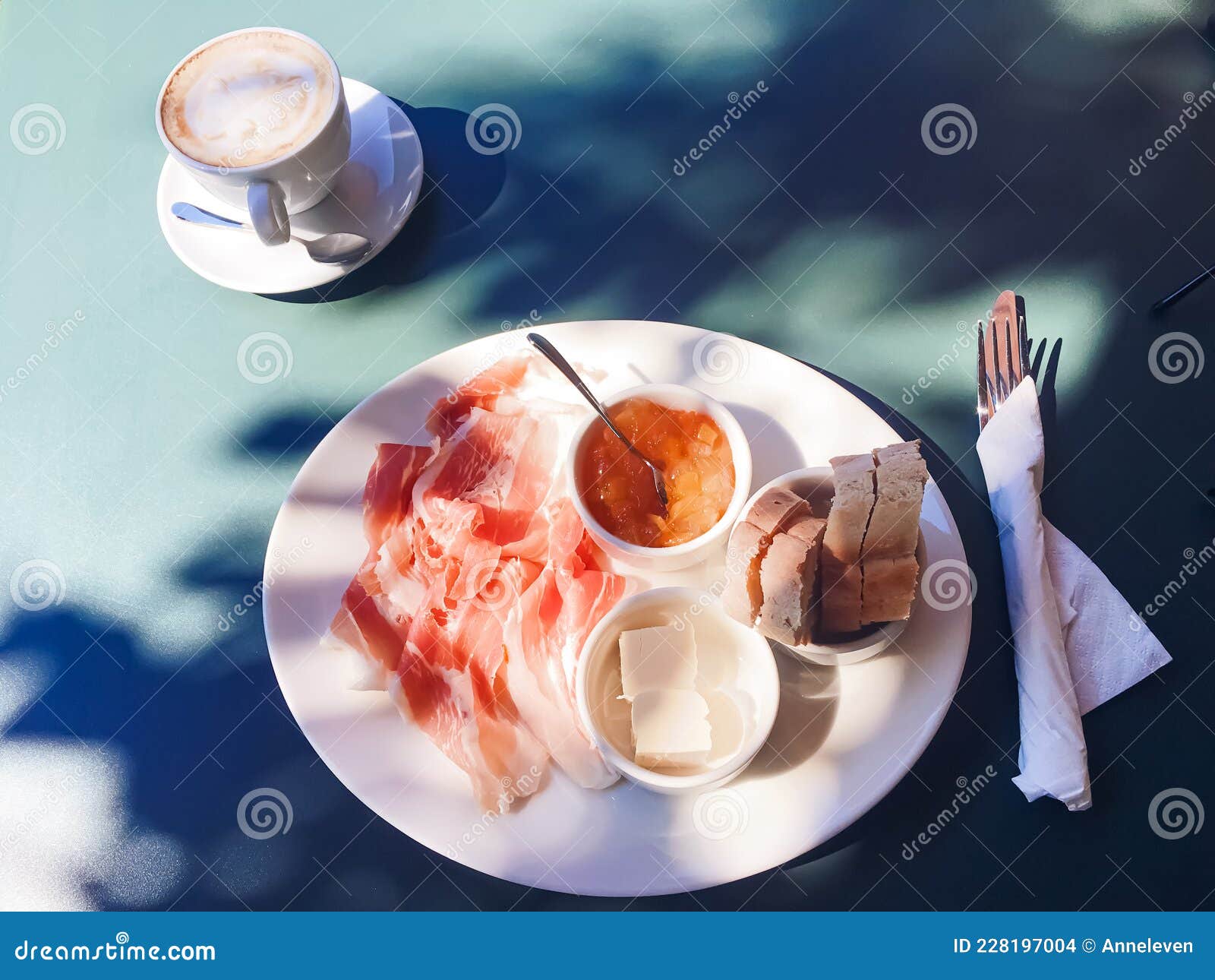 Breakfast Outdoors in Summer, Ham, Jam, Butter and Ham Stock Photo ...