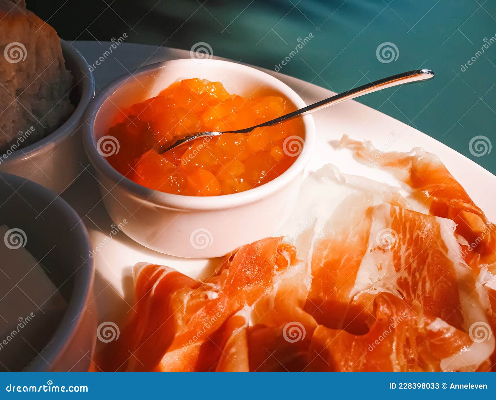 Breakfast Outdoors in Summer, Ham, Jam, Butter and Ham Stock Image ...