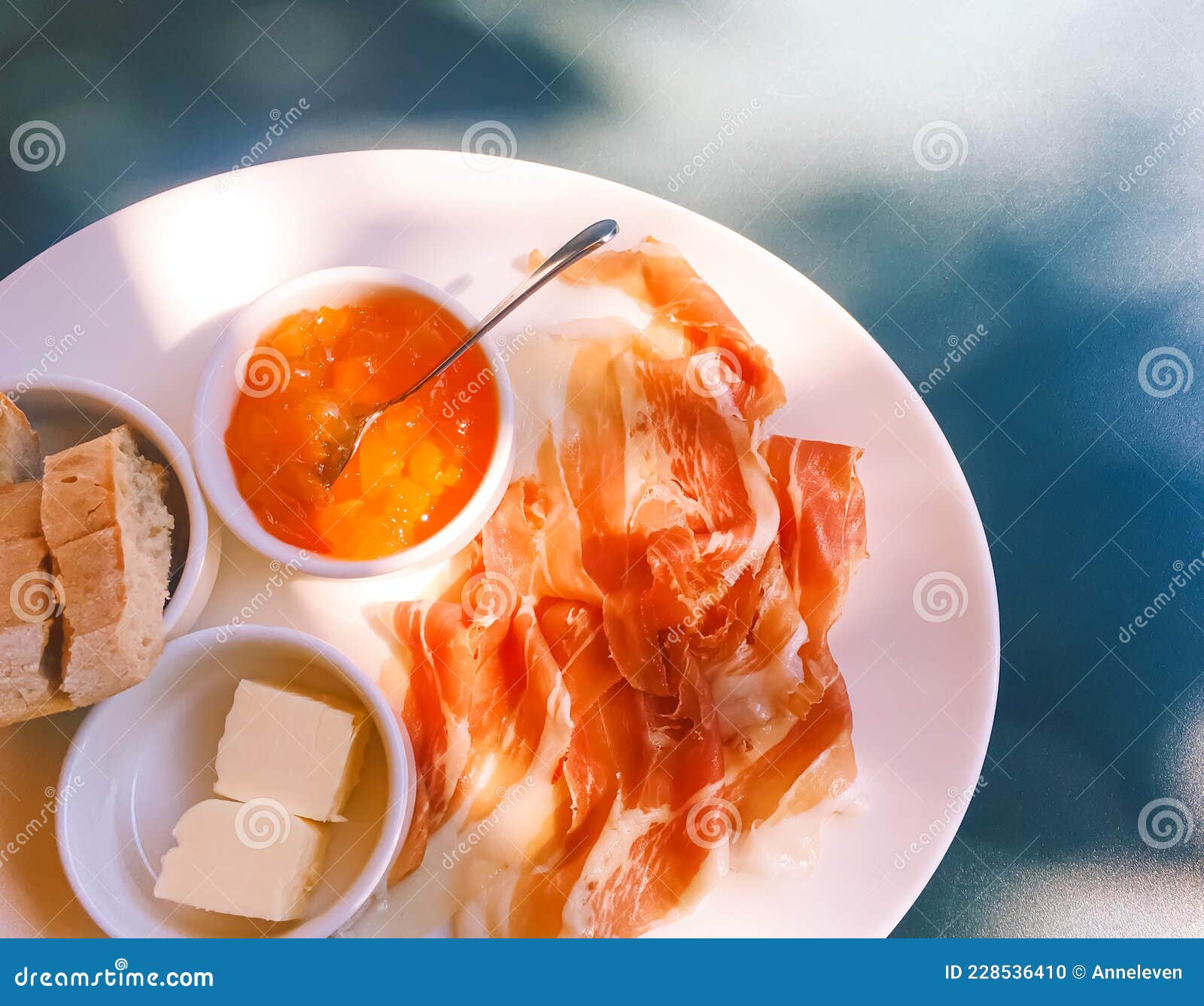 Breakfast Outdoors in Summer, Ham, Jam, Butter and Ham Stock Photo ...
