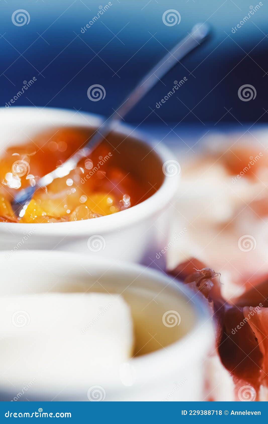 Breakfast Outdoors in Summer, Ham, Jam, Butter and Ham Stock Photo ...
