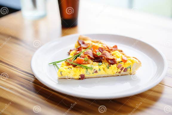 Breakfast Pizza Slice with Scrambled Eggs, Bacon Bits, and Cheese Stock ...