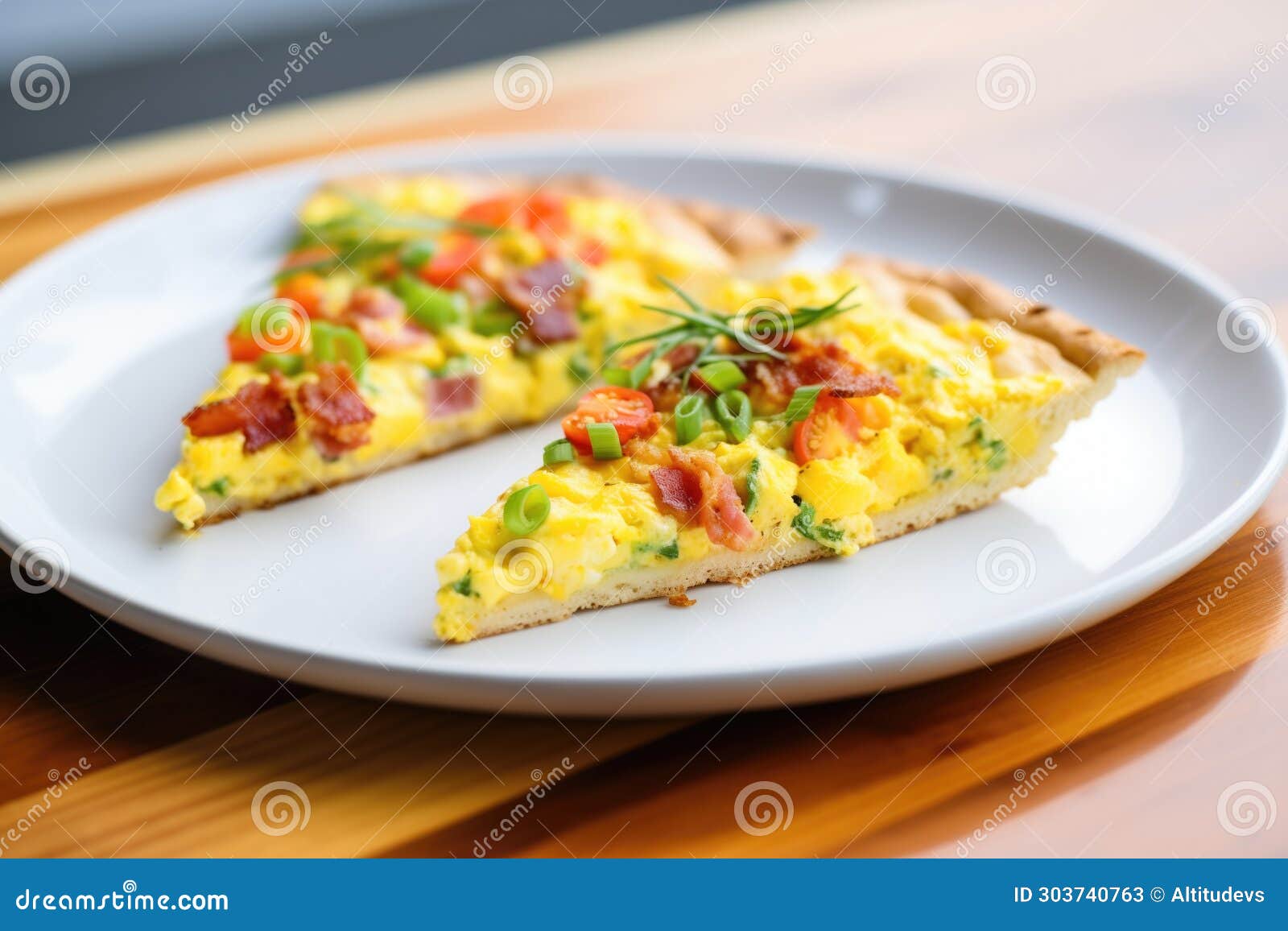 Breakfast Pizza Slice with Scrambled Eggs, Bacon Bits, and Cheese Stock ...