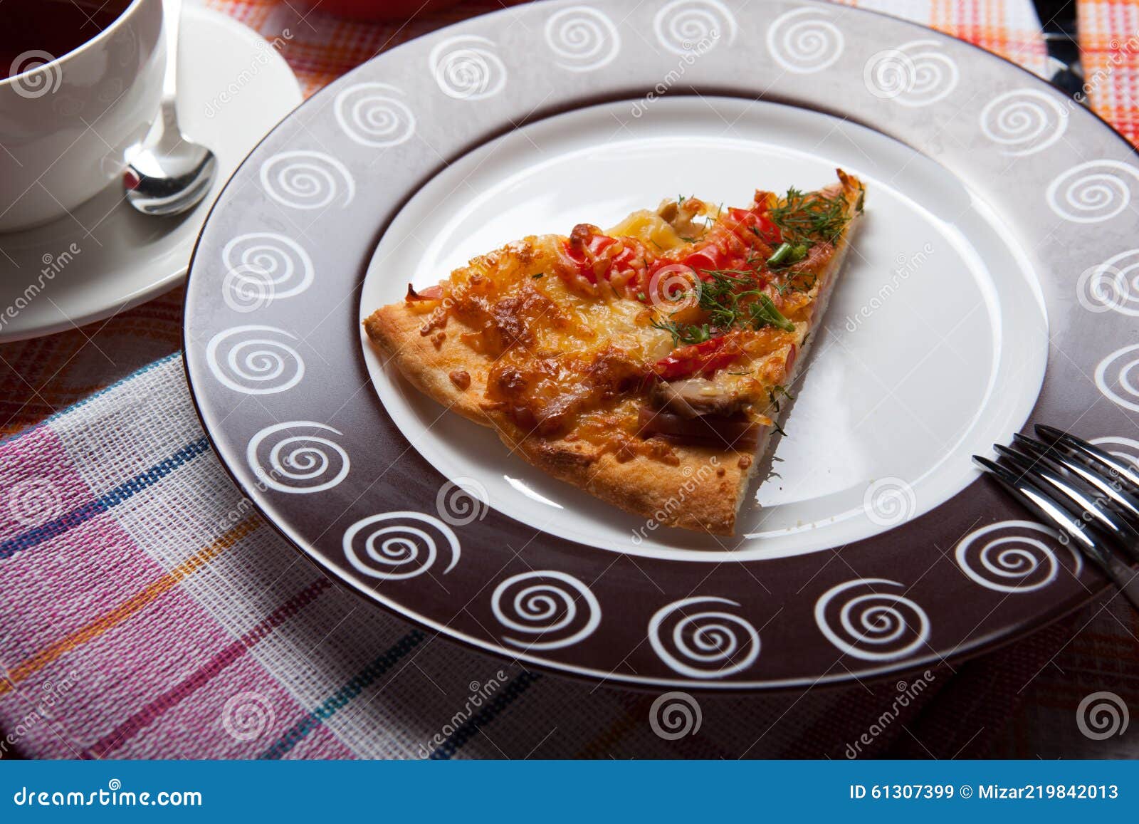 Breakfast pizza and tea stock image. Image of pizzeria - 61307399
