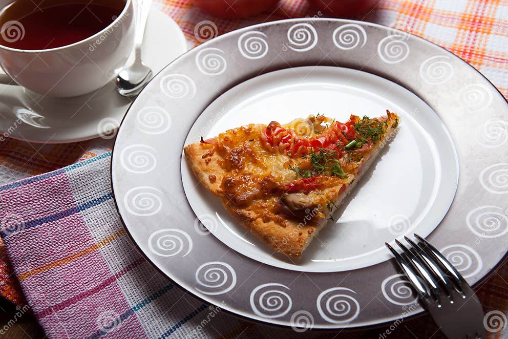 Breakfast pizza and tea stock photo. Image of italian - 61309628