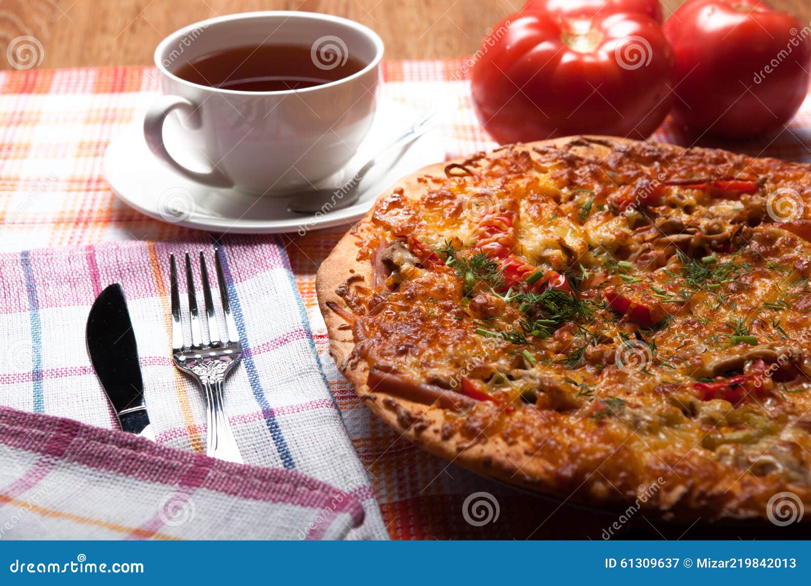 Breakfast pizza and tea stock image. Image of cooking - 61309637