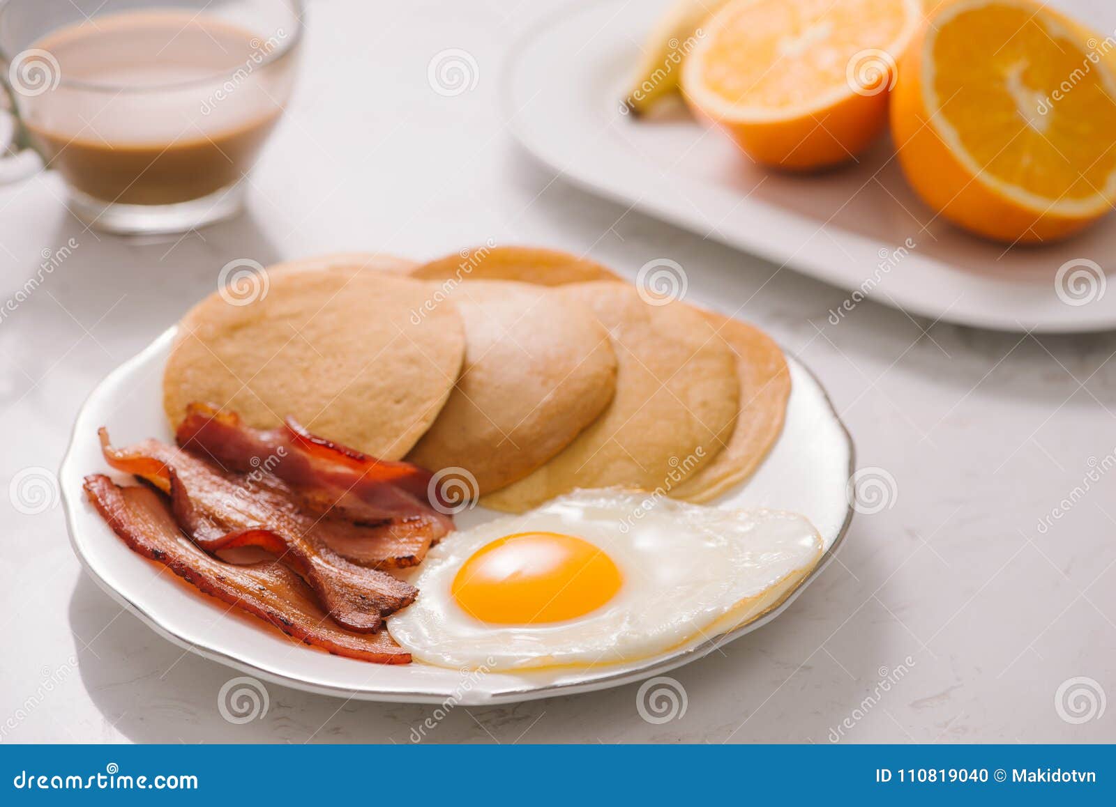 Breakfast Plate with Pancakes, Eggs, Bacon and Fruit. Stock Photo ... Breakfast Plate with Pancakes, Eggs, Bacon and Fruit. Stock Photo ...