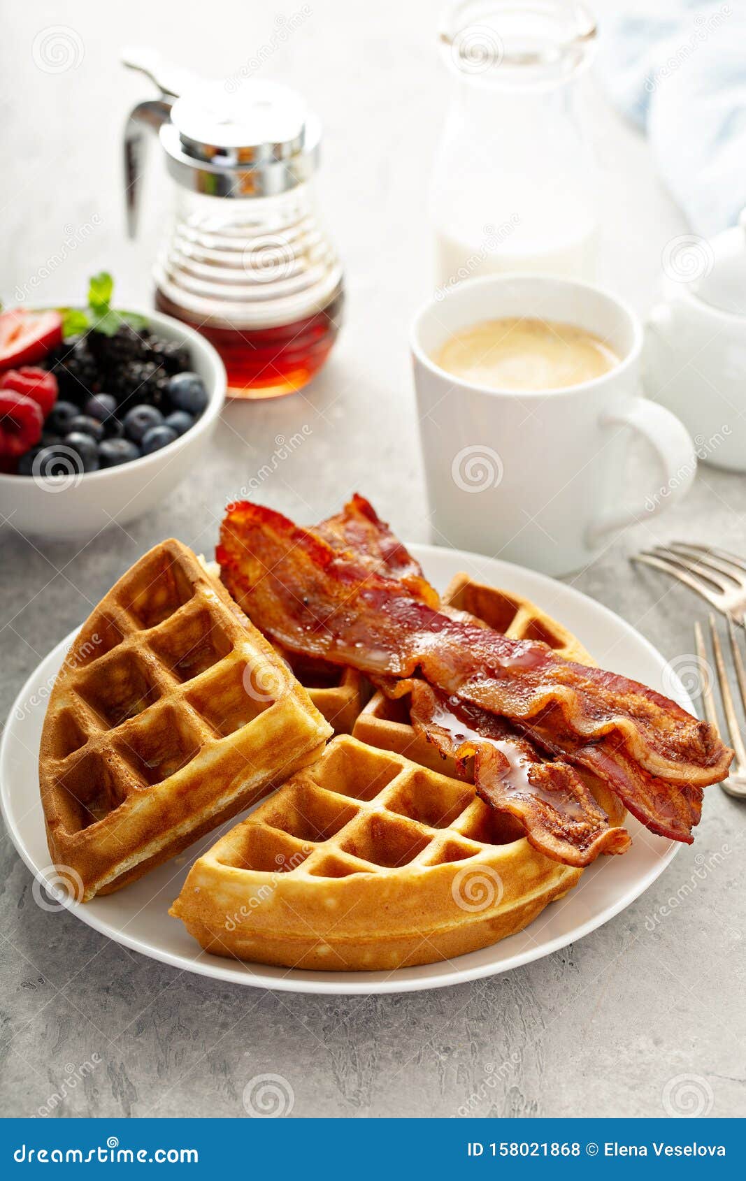 Breakfast Plate with Waffles and Bacon Stock Photo - Image of greasy ...