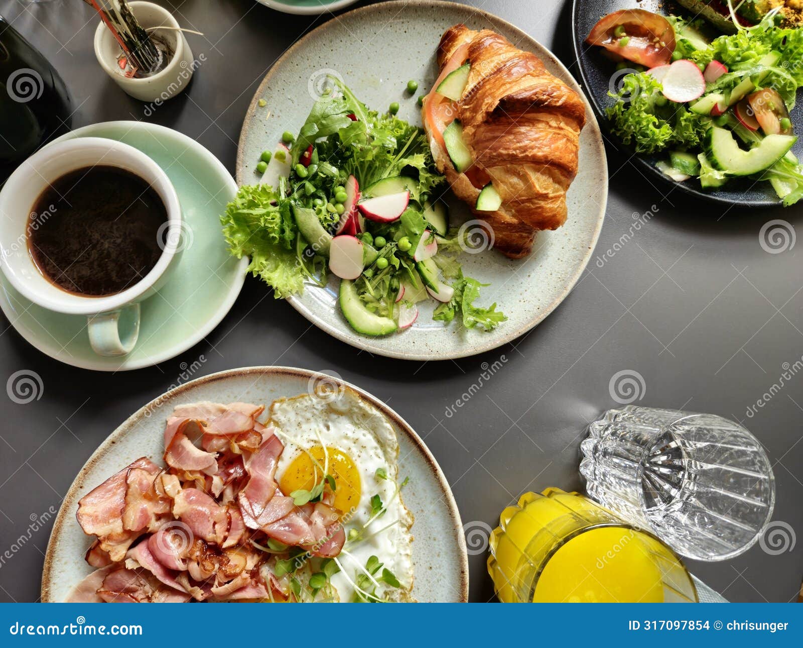 Breakfast Plates with Ham and Eggs Croissant and Coffee Stock Photo ...