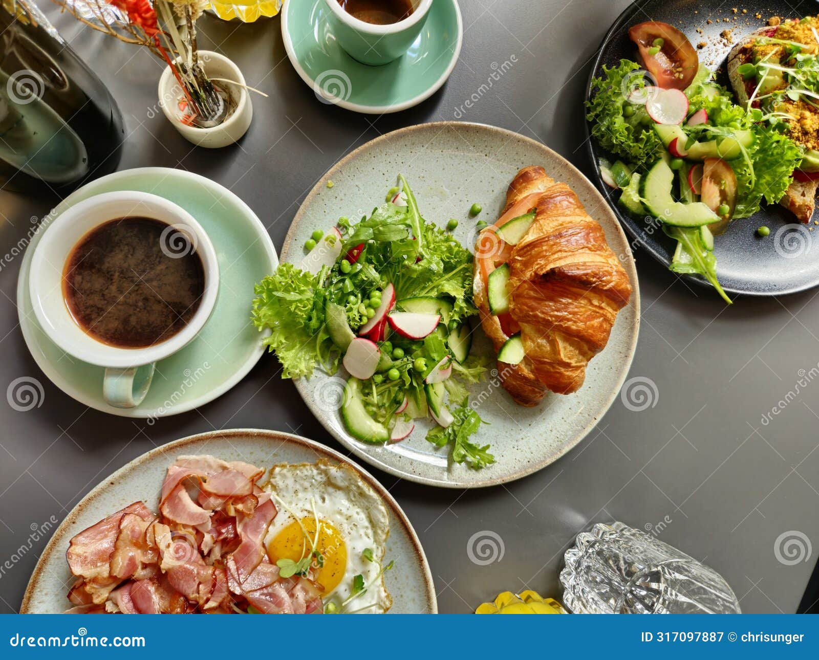 Breakfast Plates with Ham and Eggs Croissant and Coffee Stock Image ...