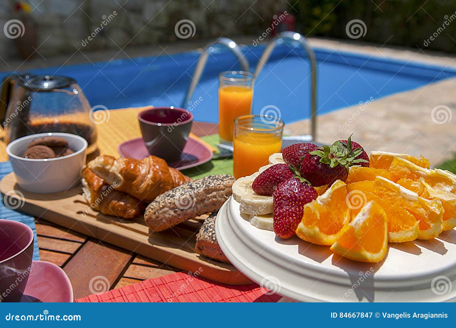 Breakfast at pool side stock image. Image of juice, pool - 84667847