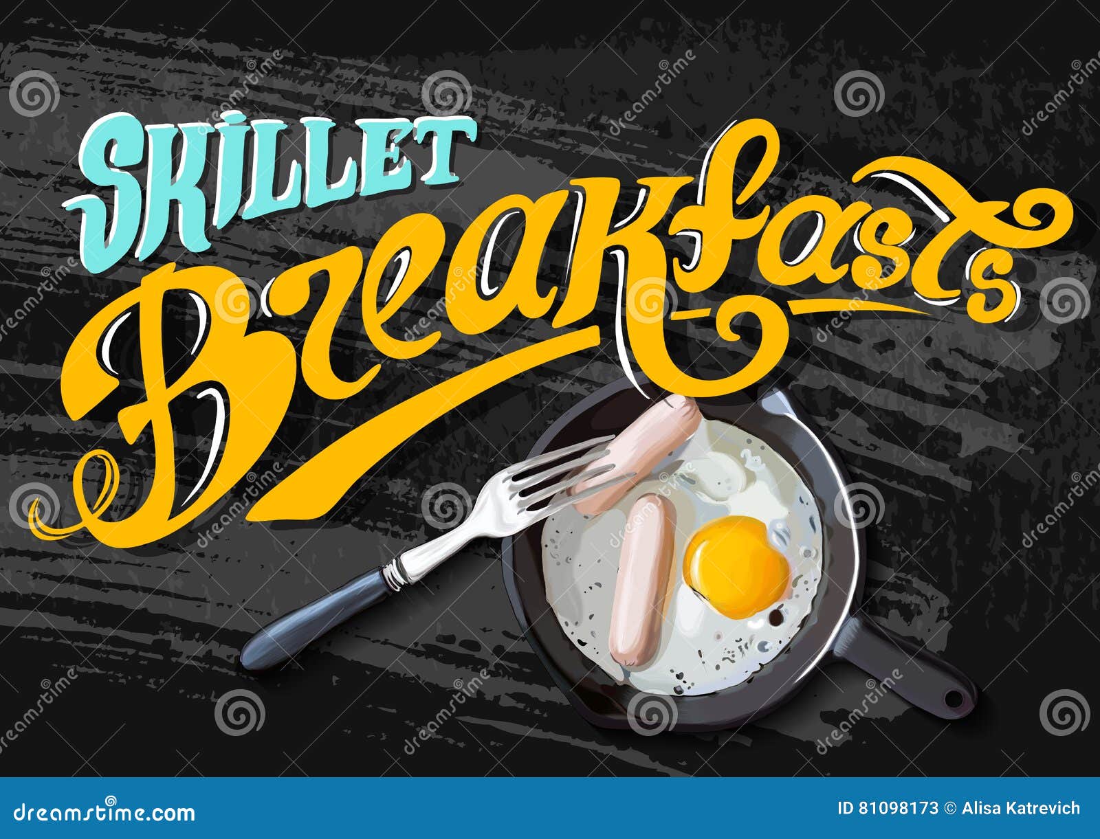 Breakfast Poster. Fried Eggs and Sausage on Pan. Vector Illustration ...