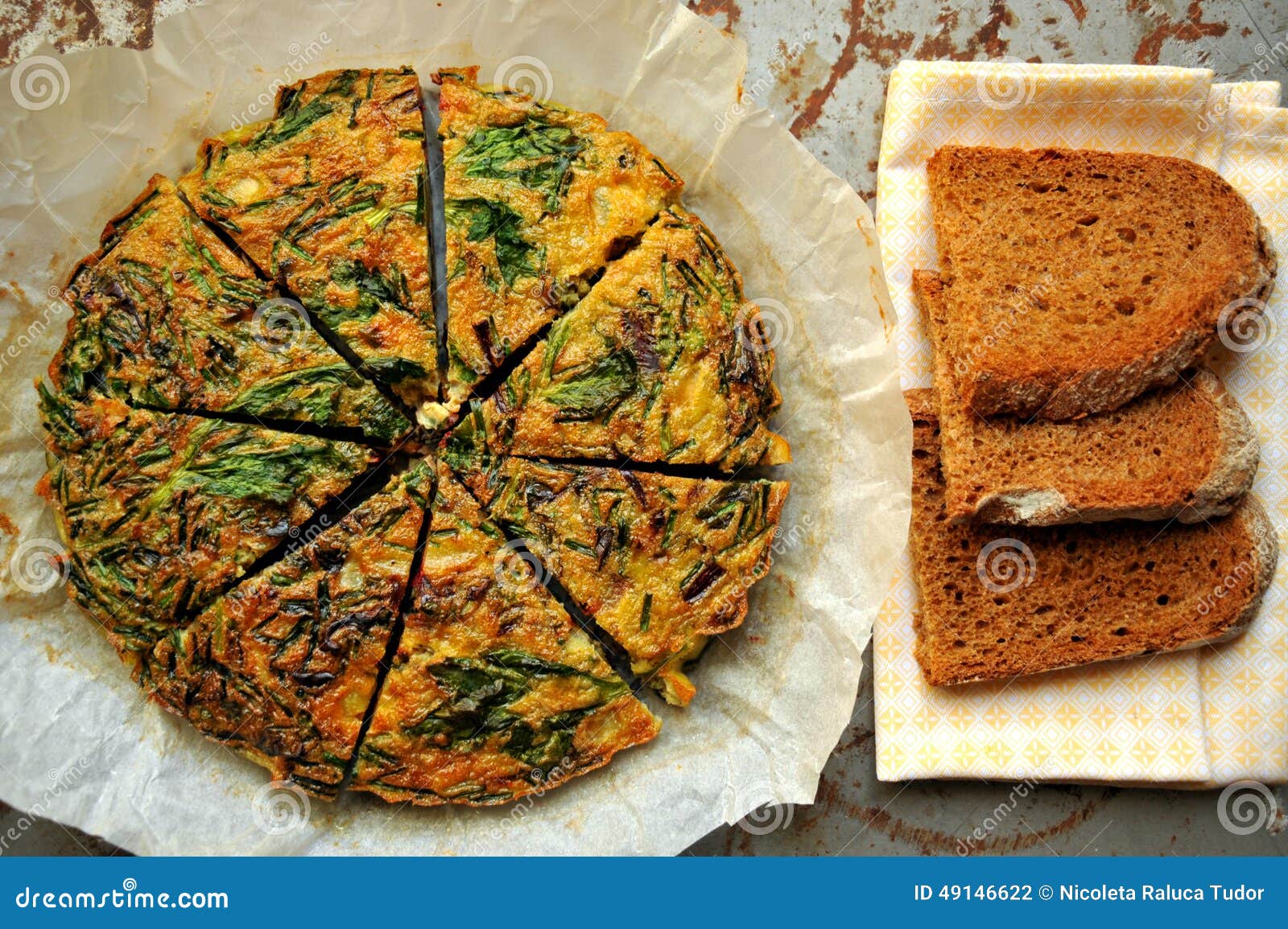 Breakfast with Rustic Frittata and Bread on a Wooden Board Stock Photo ...