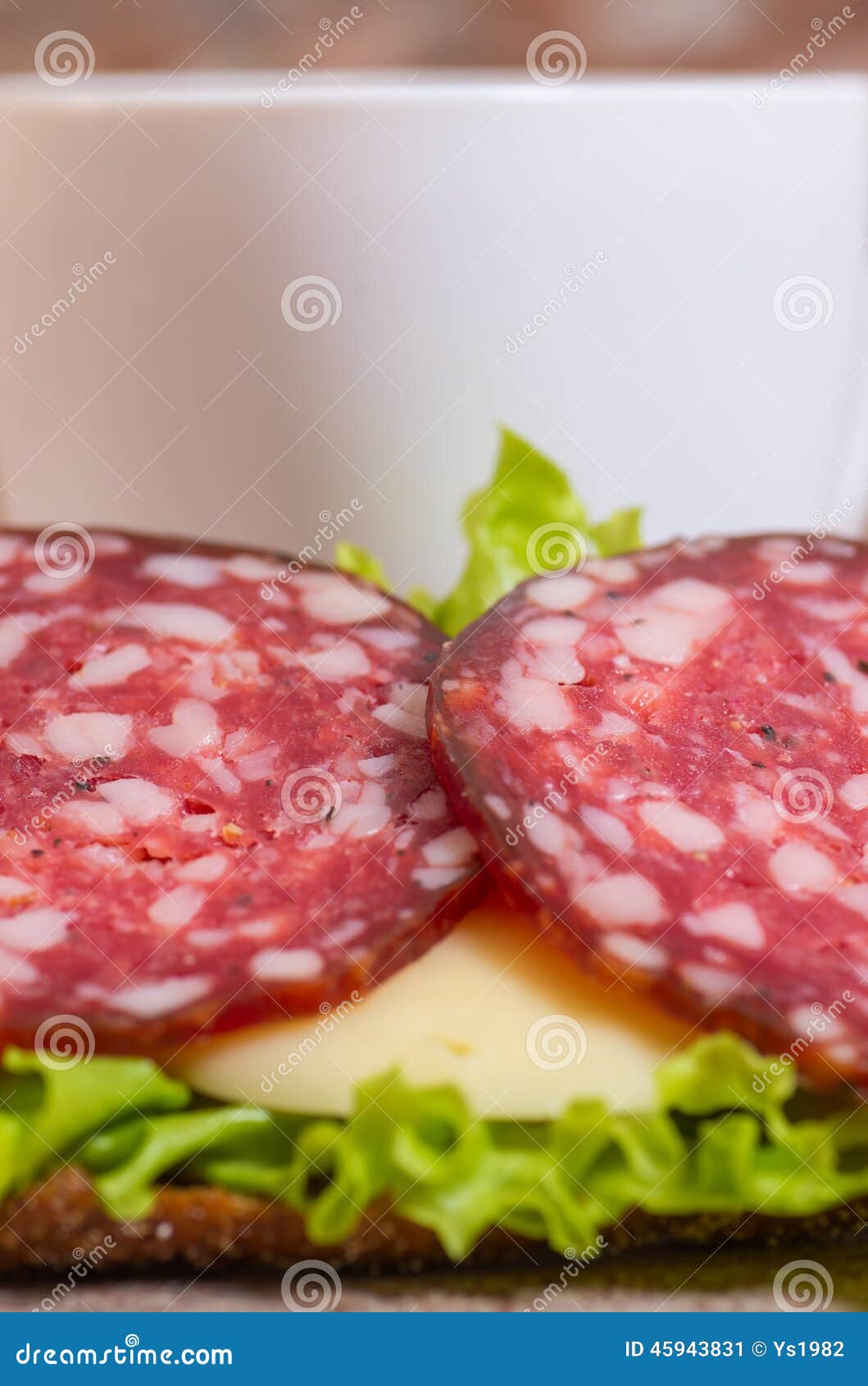 Breakfast with Salami Sandwich and Cup of Tea Stock Image - Image of ...