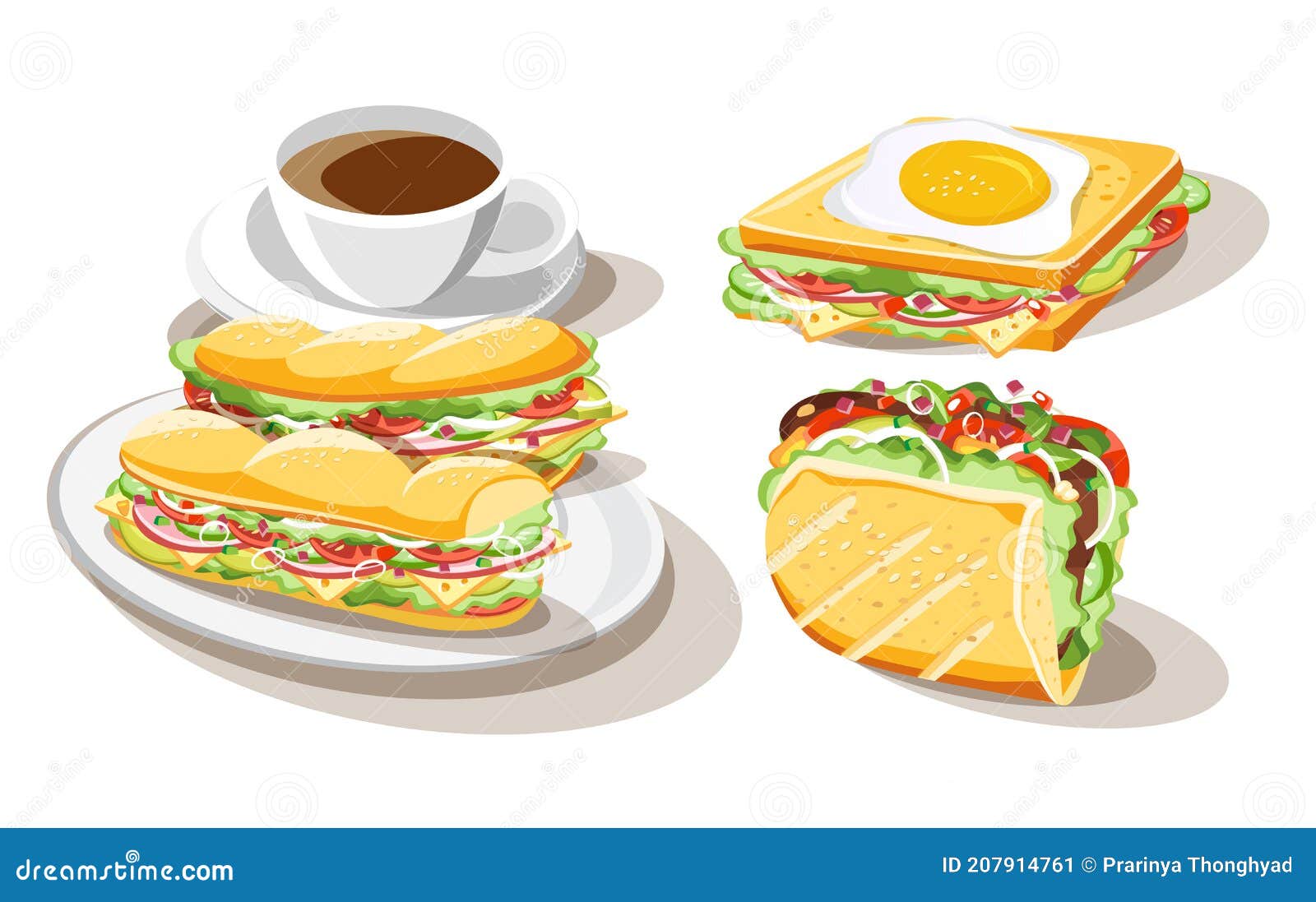 Breakfast Sandwich Set of Food on White Background, Vector Illustration ...