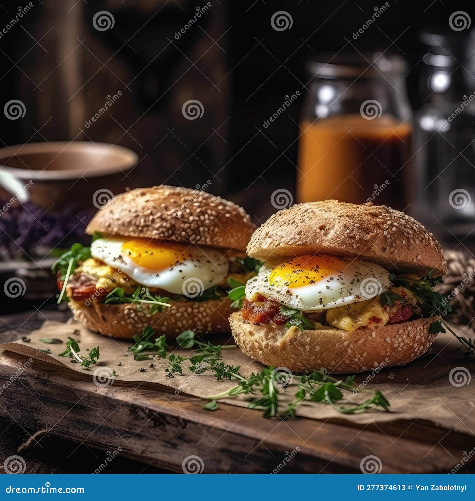 Breakfast Sandwiches on Stone in Rustic Pub. Generative AI Stock Illustration - Illustration of ...