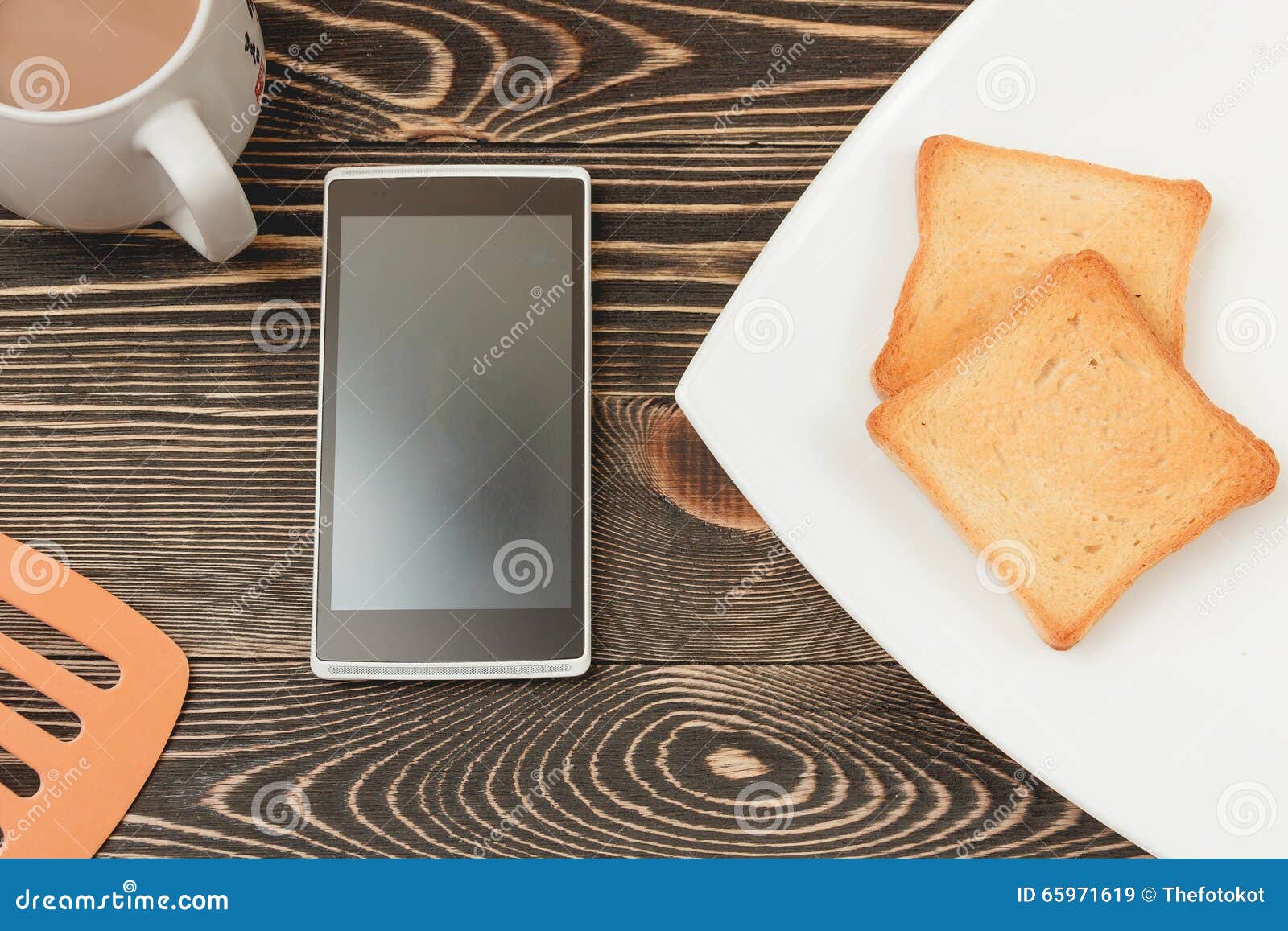 Breakfast Scene with Toast, Phone, Cup on Wooden Table. Stock Image ...