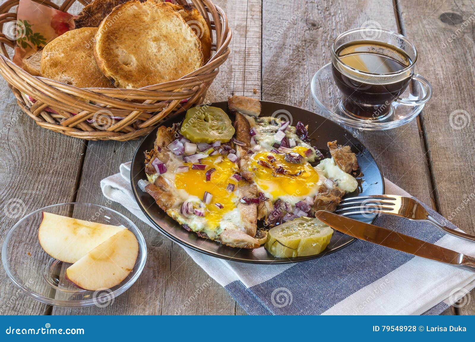 Breakfast with Scrambled Eggs, Bacon, Pickles,toasted Bread and Coffee ...