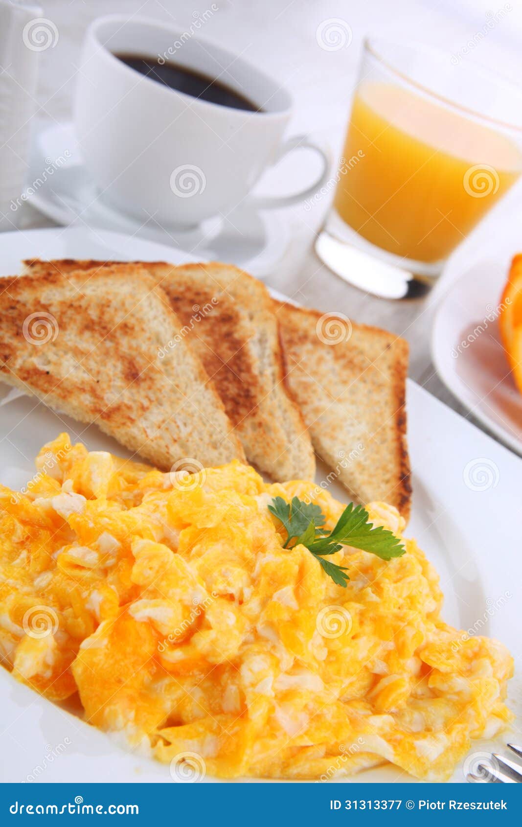 Breakfast with Scrambled Eggs, Toasts, Juice Stock Image - Image of ...