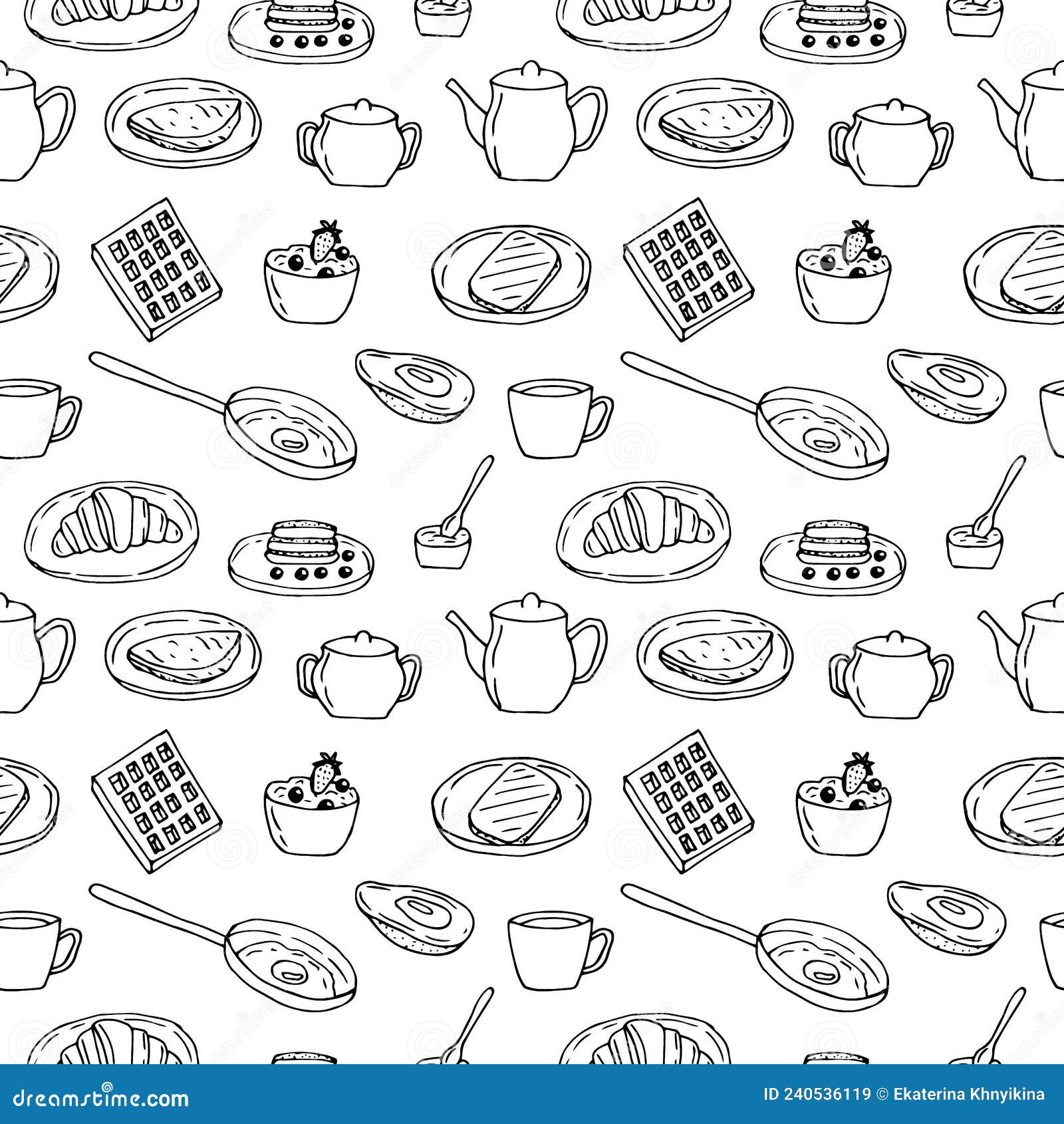 Breakfast Seamless Pattern Vector Illustration, Hand Drawing Doodles Stock Vector - Illustration ...