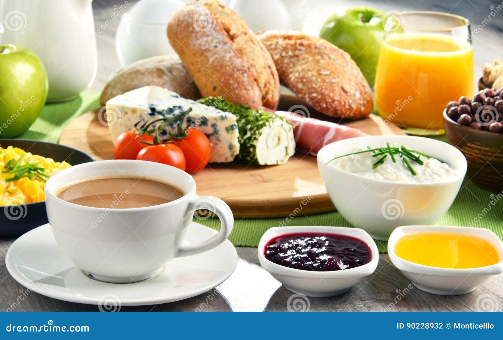 Breakfast Served with Coffee, Cheese, Cereals and Scrambled Eggs Stock ...